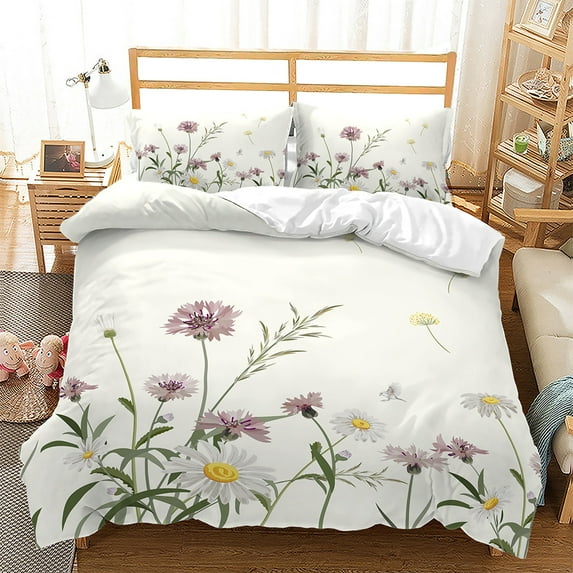 Daisy Flower and Lavender Pattern Duvet Cover, Plants Floral Bedding ...