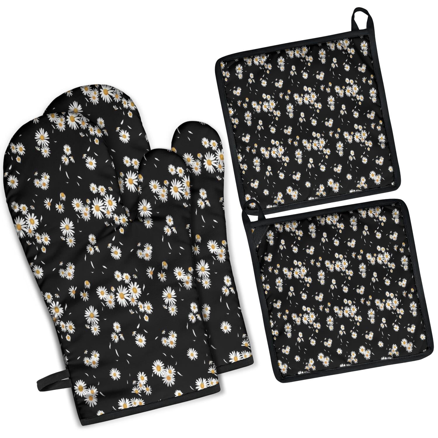 Daisy Flower Pattern Kitchen Oven Mitt and Pot Holder Sets 4 Pcs for ...
