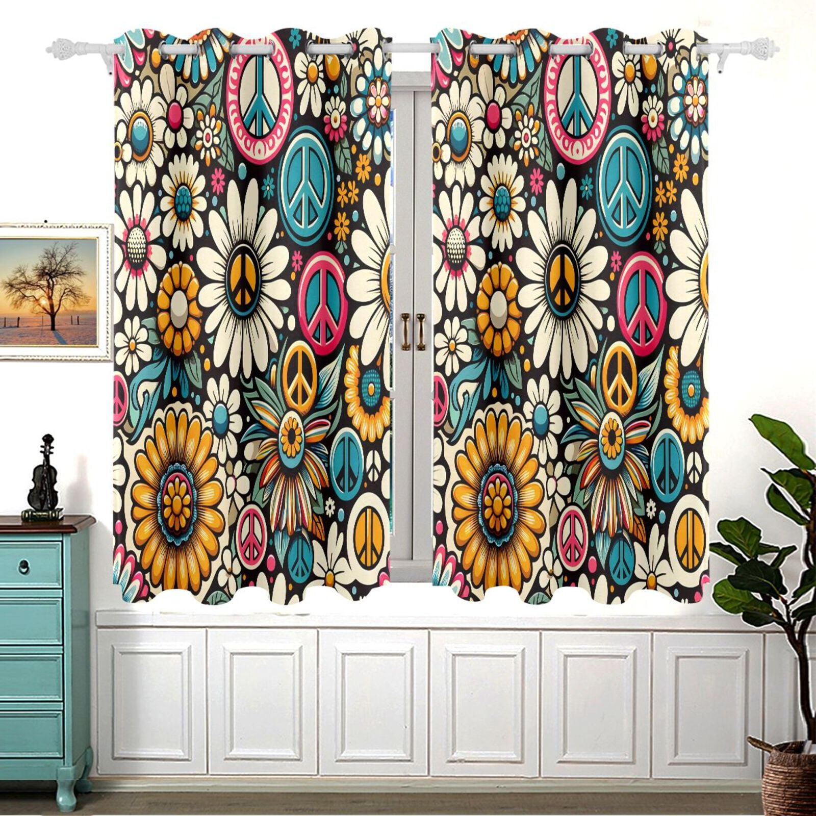 Daisy Flower Peace Symbol Black Out Curtains Aesthetic for Bedroom ...