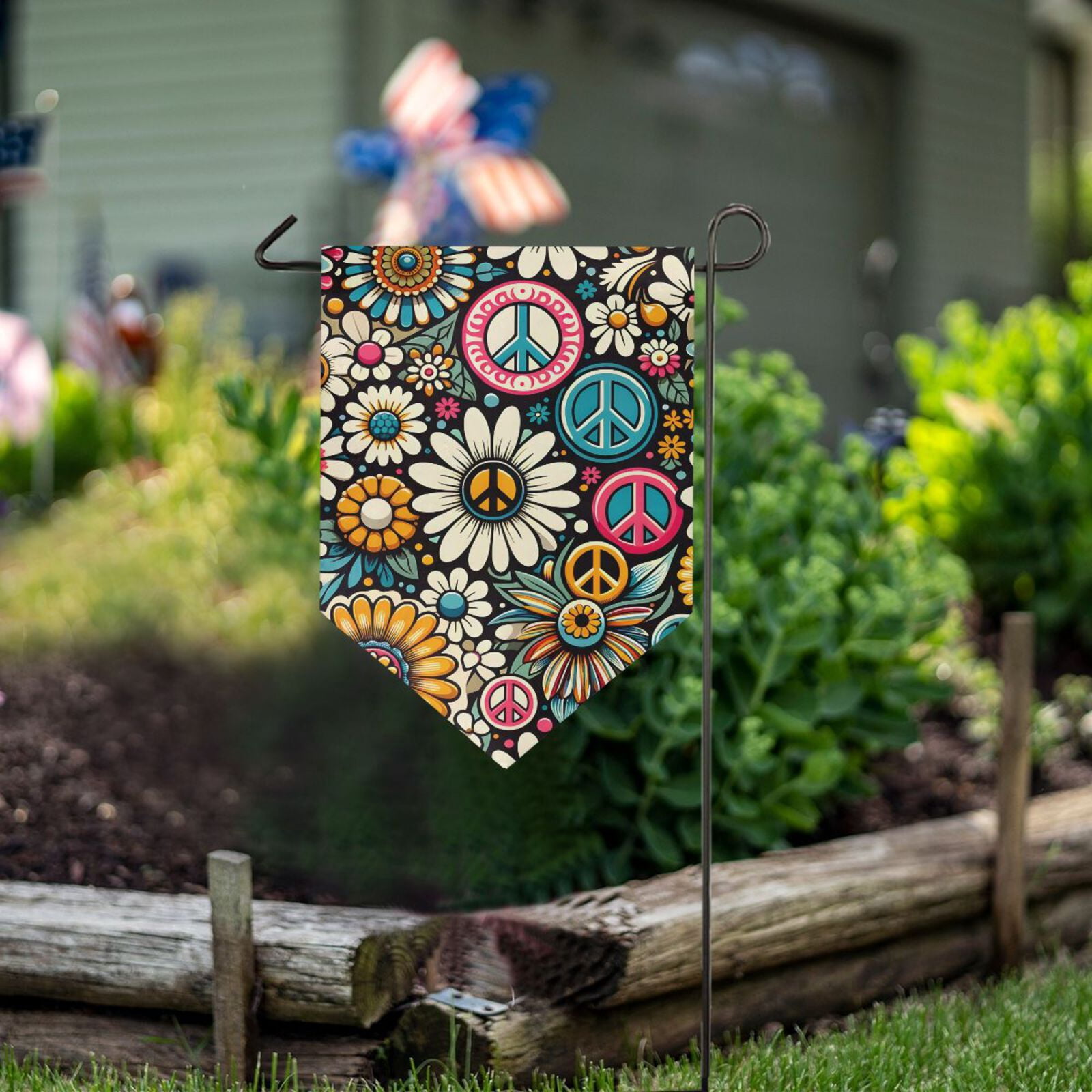 Daisy Flower Peace Symbol Garden Flag 18" x 12.5" Double Sided Yard ...