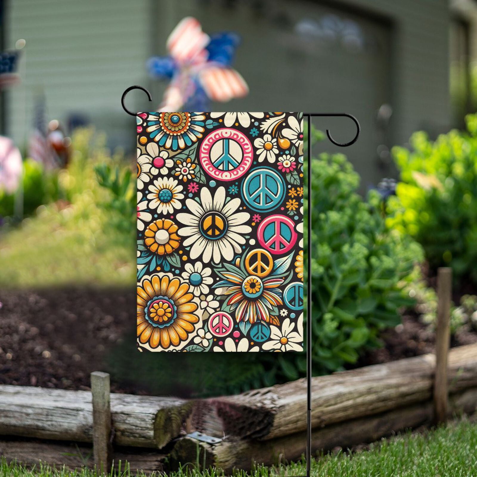 Daisy Flower Peace Symbol Garden Flag Double Sided Outdoor Banners for ...