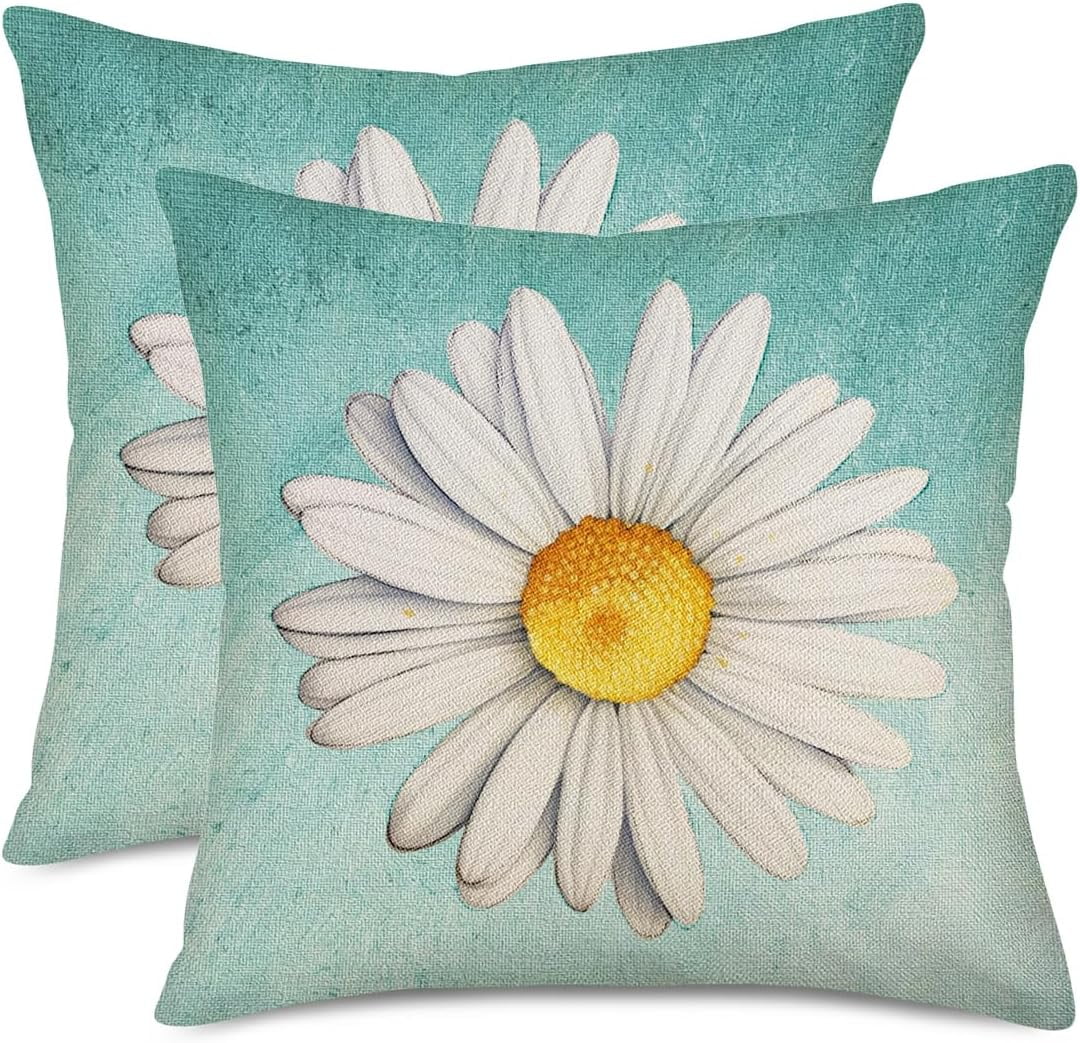 Daisy Flower Pillow Covers 16 x 16 Inch Set of 2 Blue White Floral ...