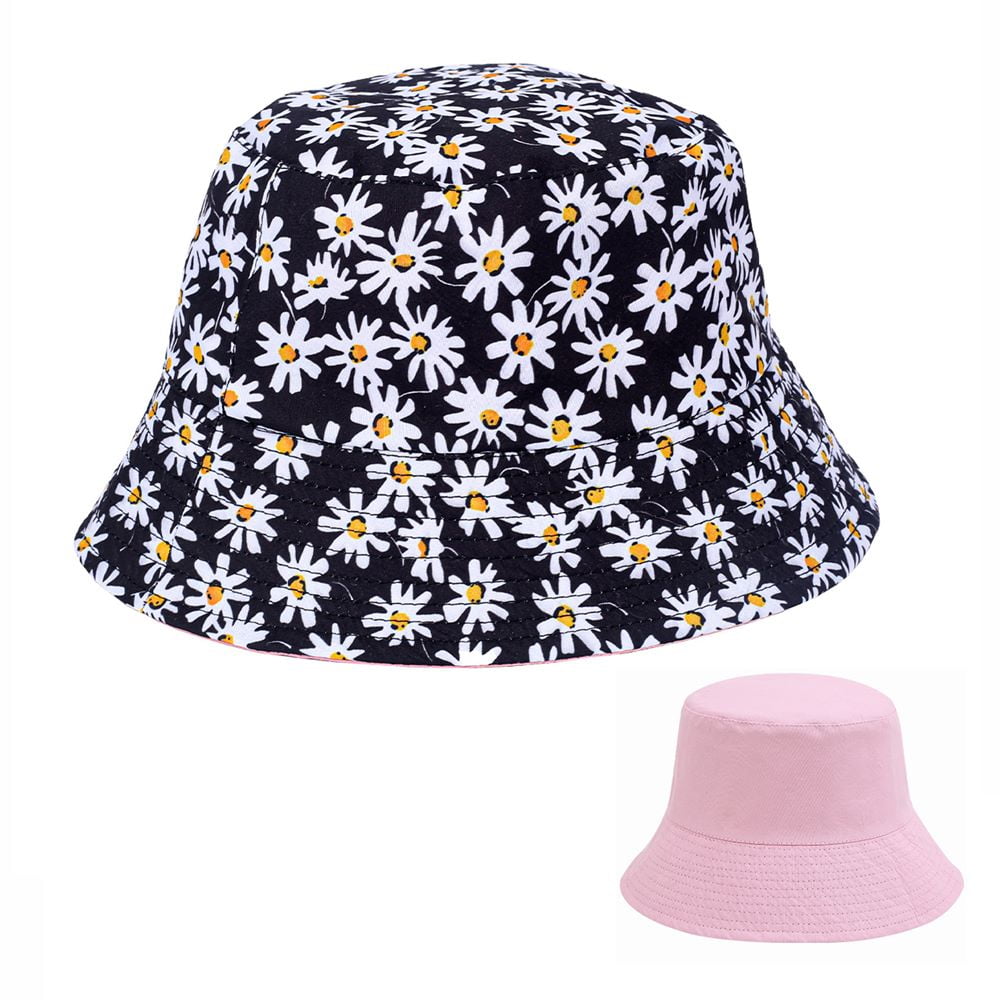 Daisy Flower Print Bucket Hat Reversible Black - Walmart.com