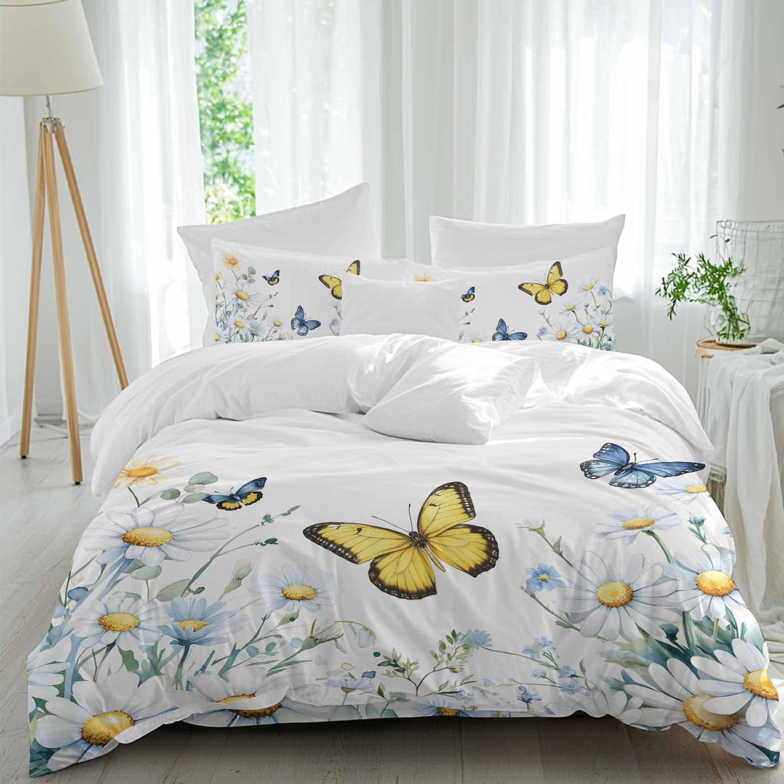 Daisy Flower Queen Size 4 piece Duvet Cover Set, Blue Yellow Butterfly ...