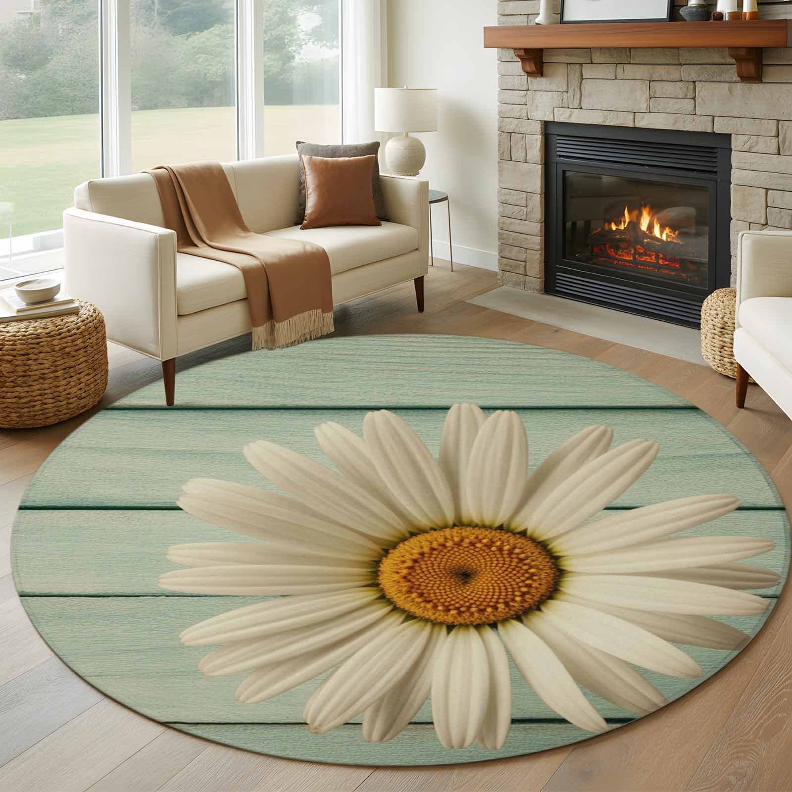 Daisy Flower Round Rug 8ft Washable Circle Rugs Non Slip Modern Art ...