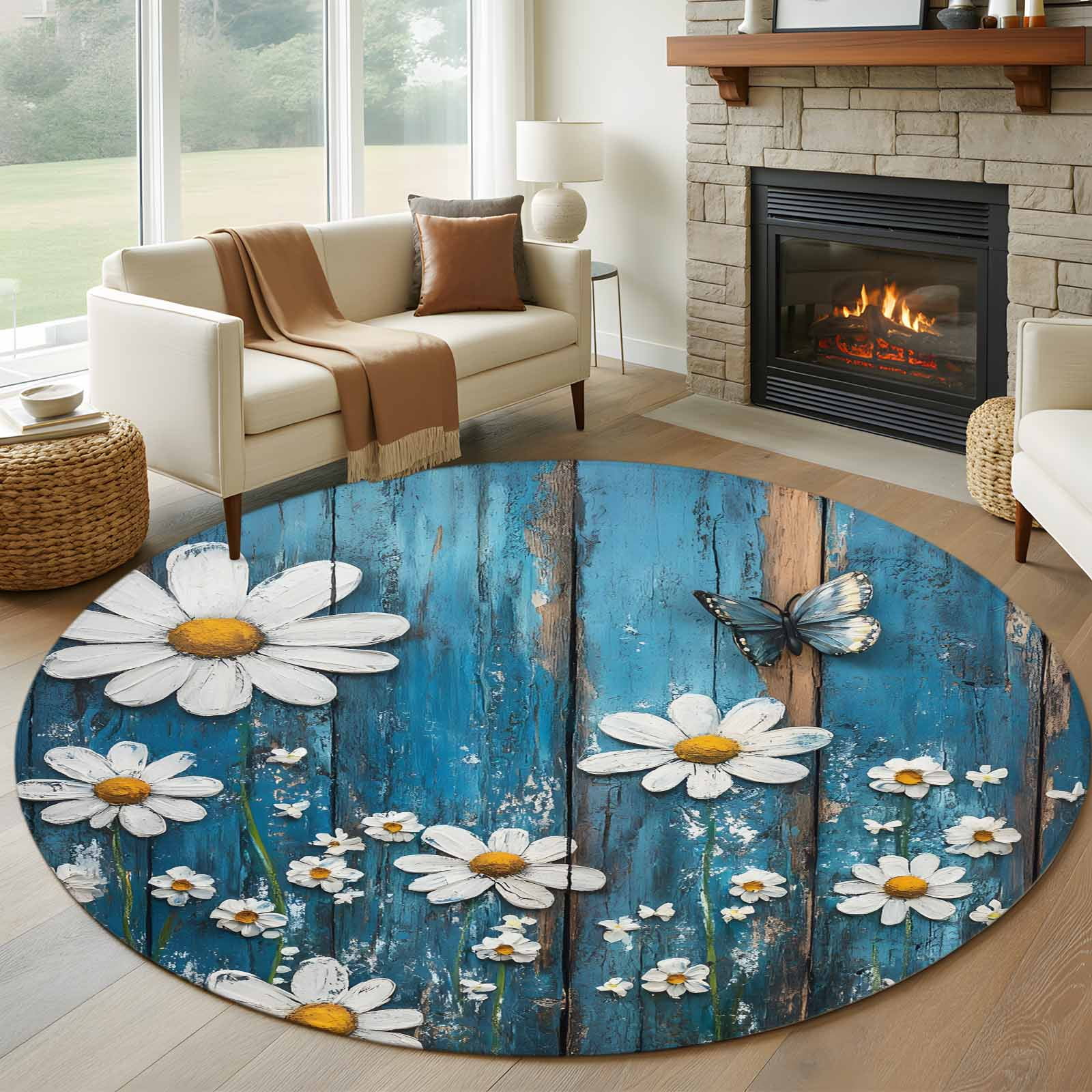 Daisy Flower Round Rugs for Living Room 6ft Rustic Blue Wood Grain ...