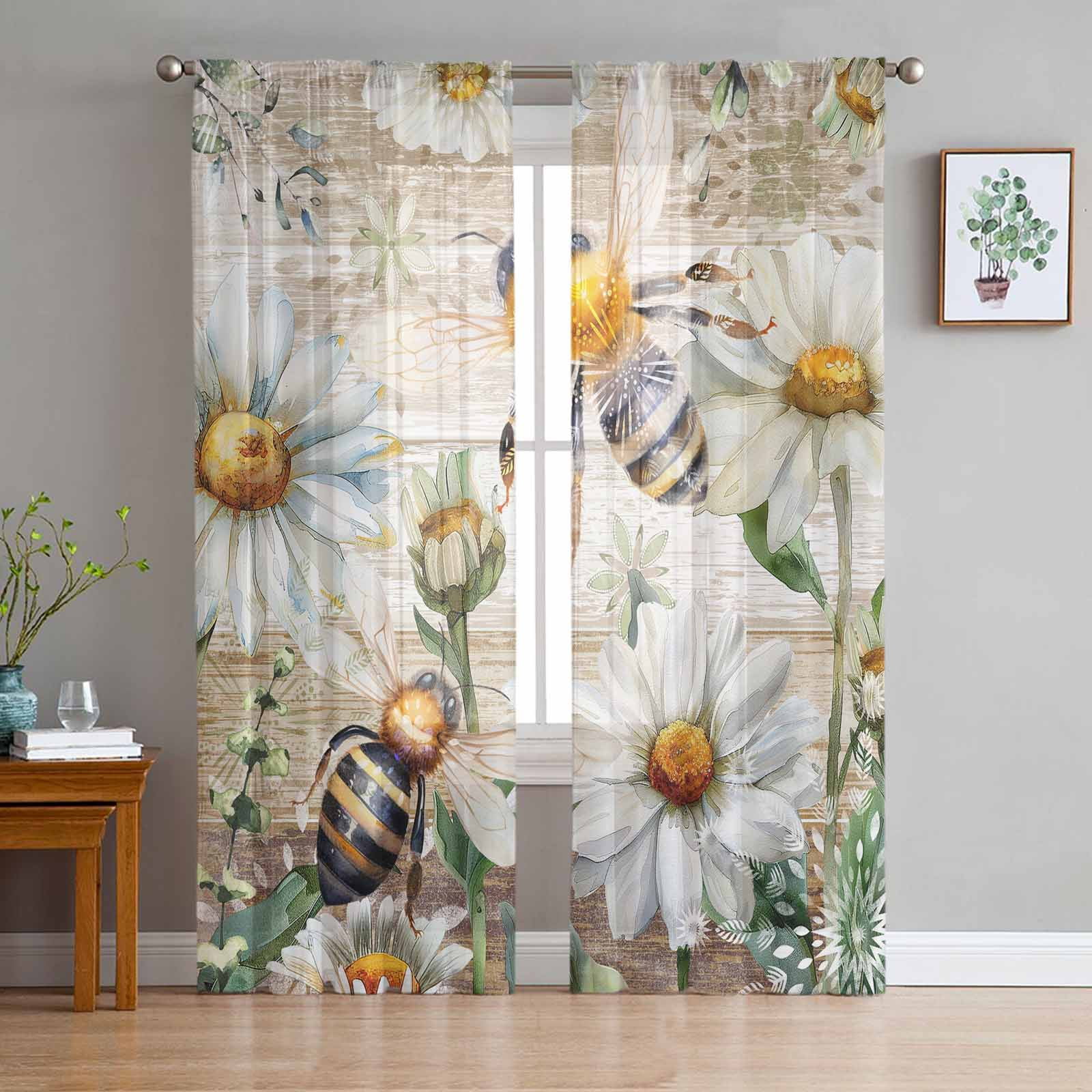 Daisy Flower Sheer Curtain for Living Room Bedroom Voile Drape Kitchen ...