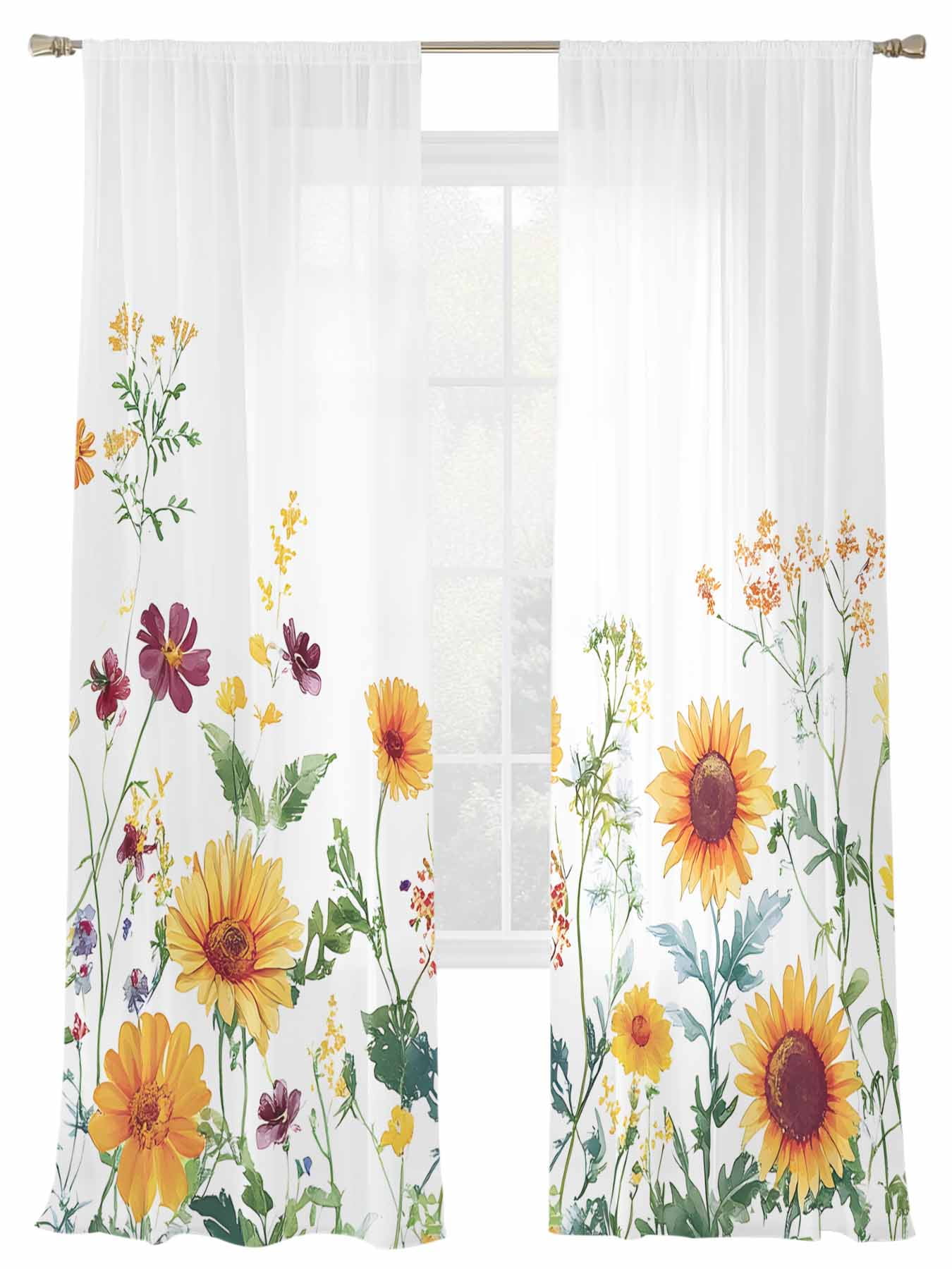 Daisy Flower Sheer Curtains 2 Panels Set Wildflower Leaf Sheer Window ...