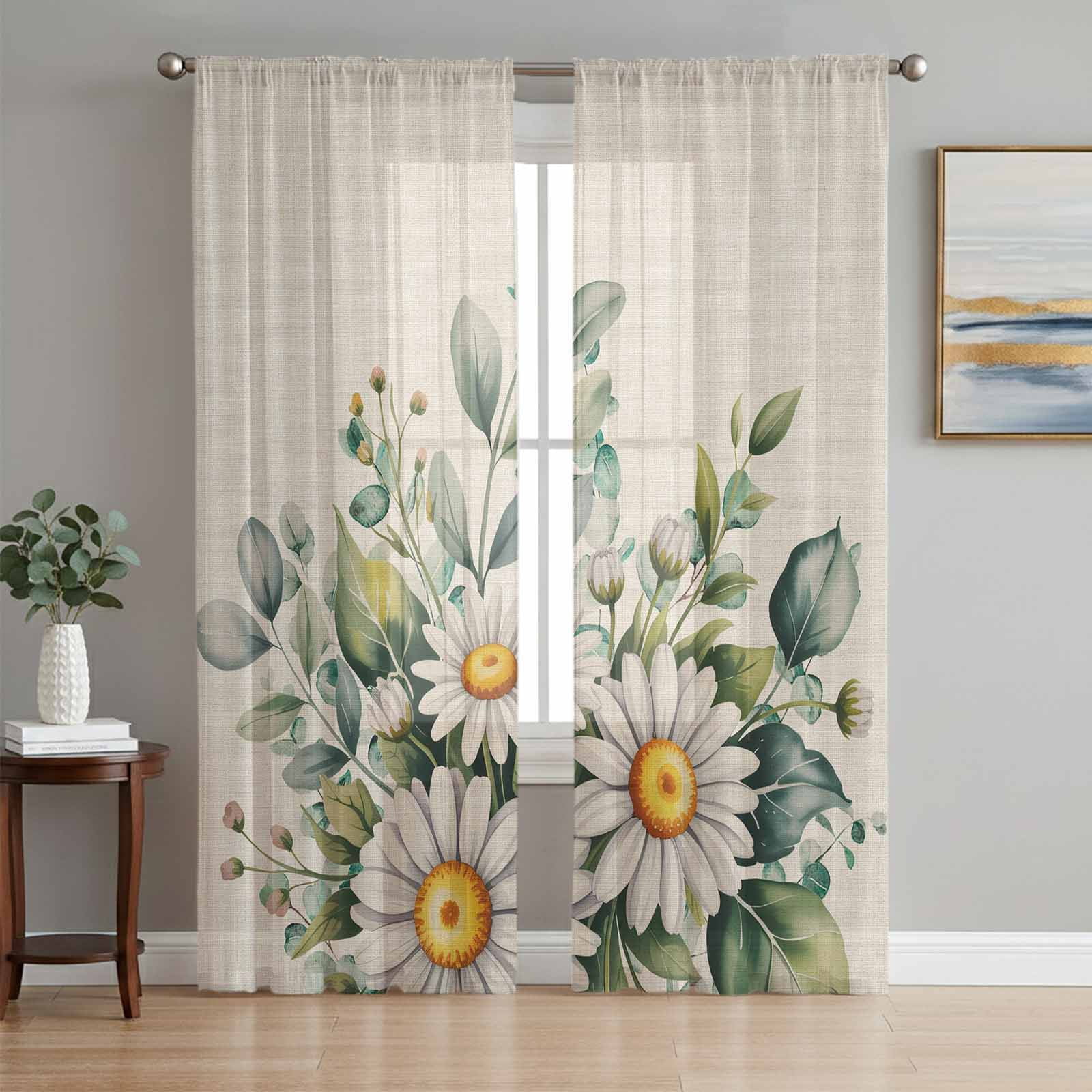 Daisy Flower Sheer Curtains 84 Inch Length 2 Panels Set, Vintage ...