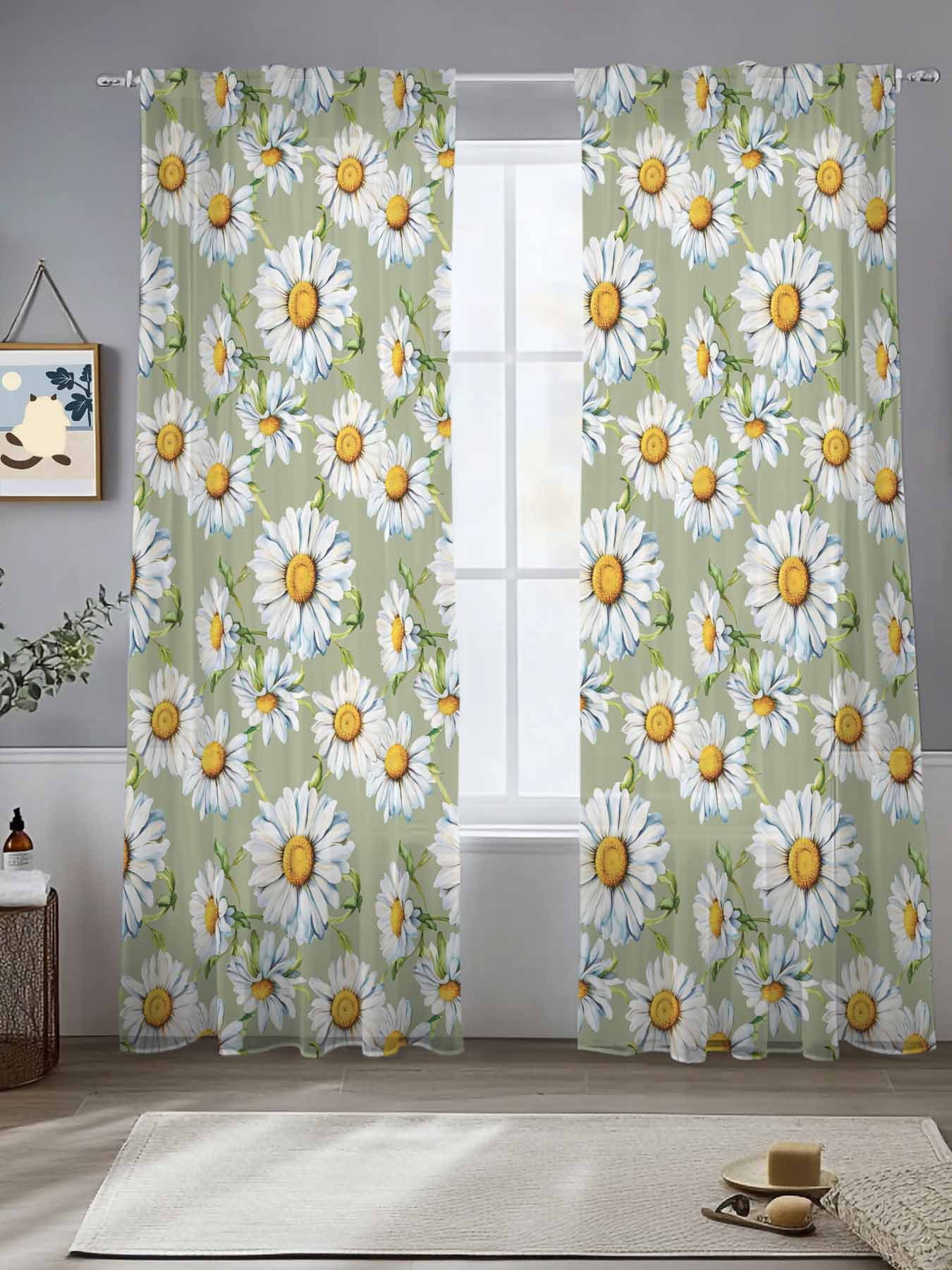 Daisy Flower Sheer Curtains 84 Inches Long 2 Panels Farmhouse White ...