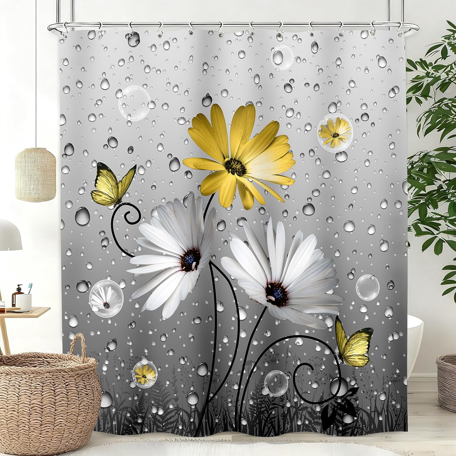 Daisy Flower Shower Curtain,Farm Yellow Daisy Floral Flowers Butterfly ...