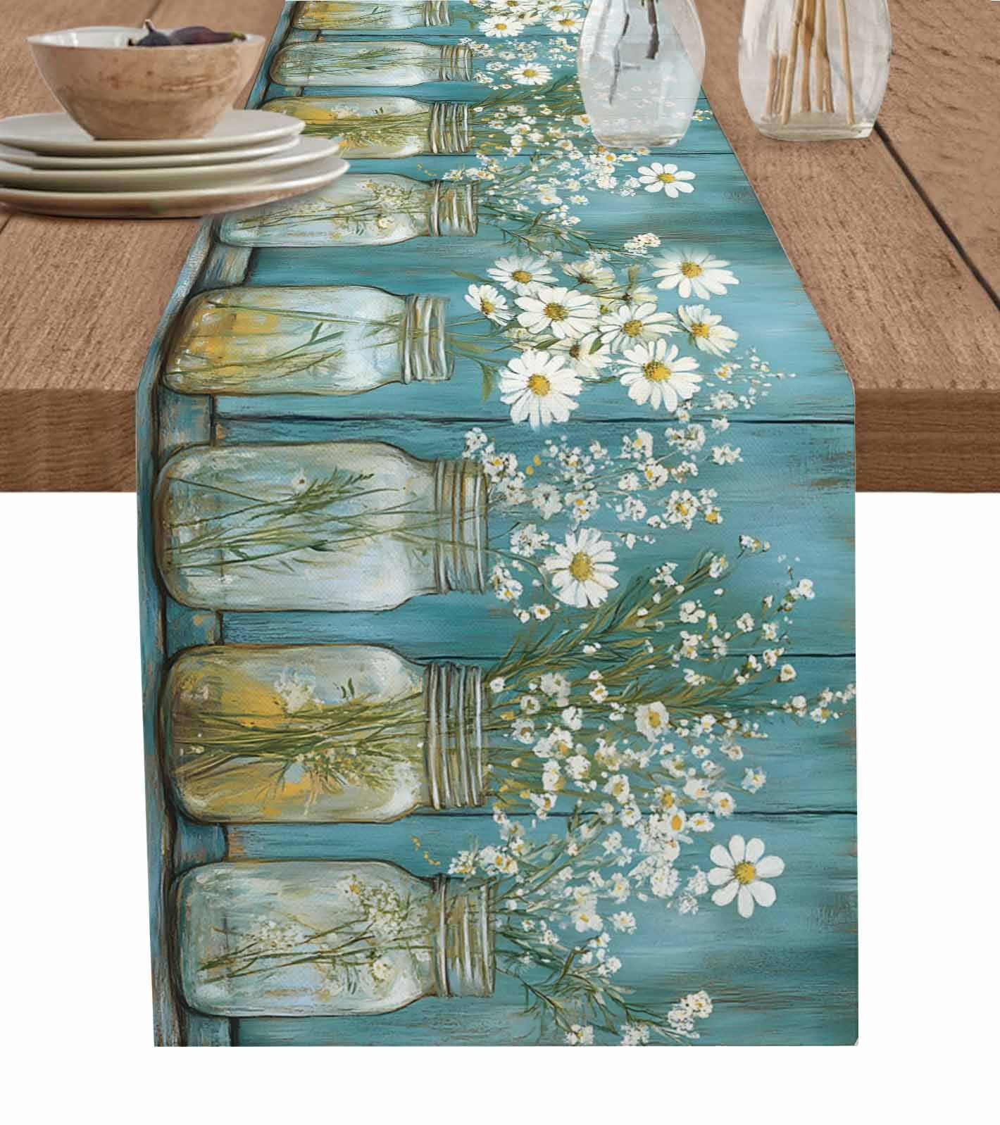 Daisy Flower Table Runner 72 Inches, Vintage Floral Oil Painting Modern ...