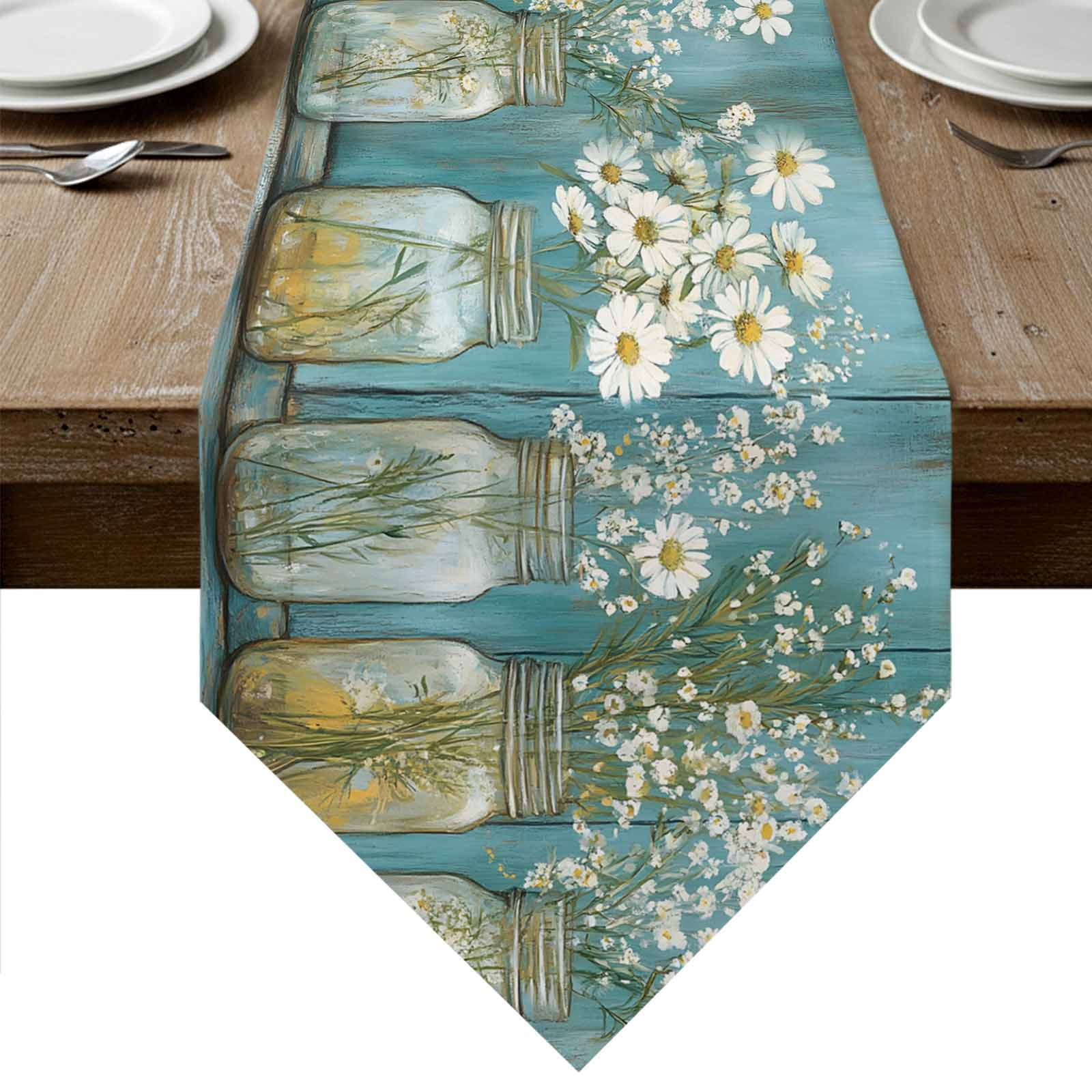 Daisy Flower Table Runner Linen Burlap Table Runner 108 Inches Long ...