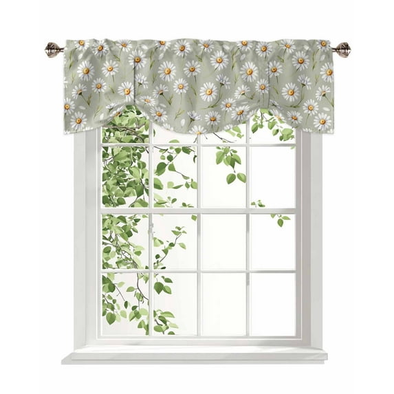Daisy Flower Tie Up Valances Curtain, Watercolor Leaf Kitchen Valances ...