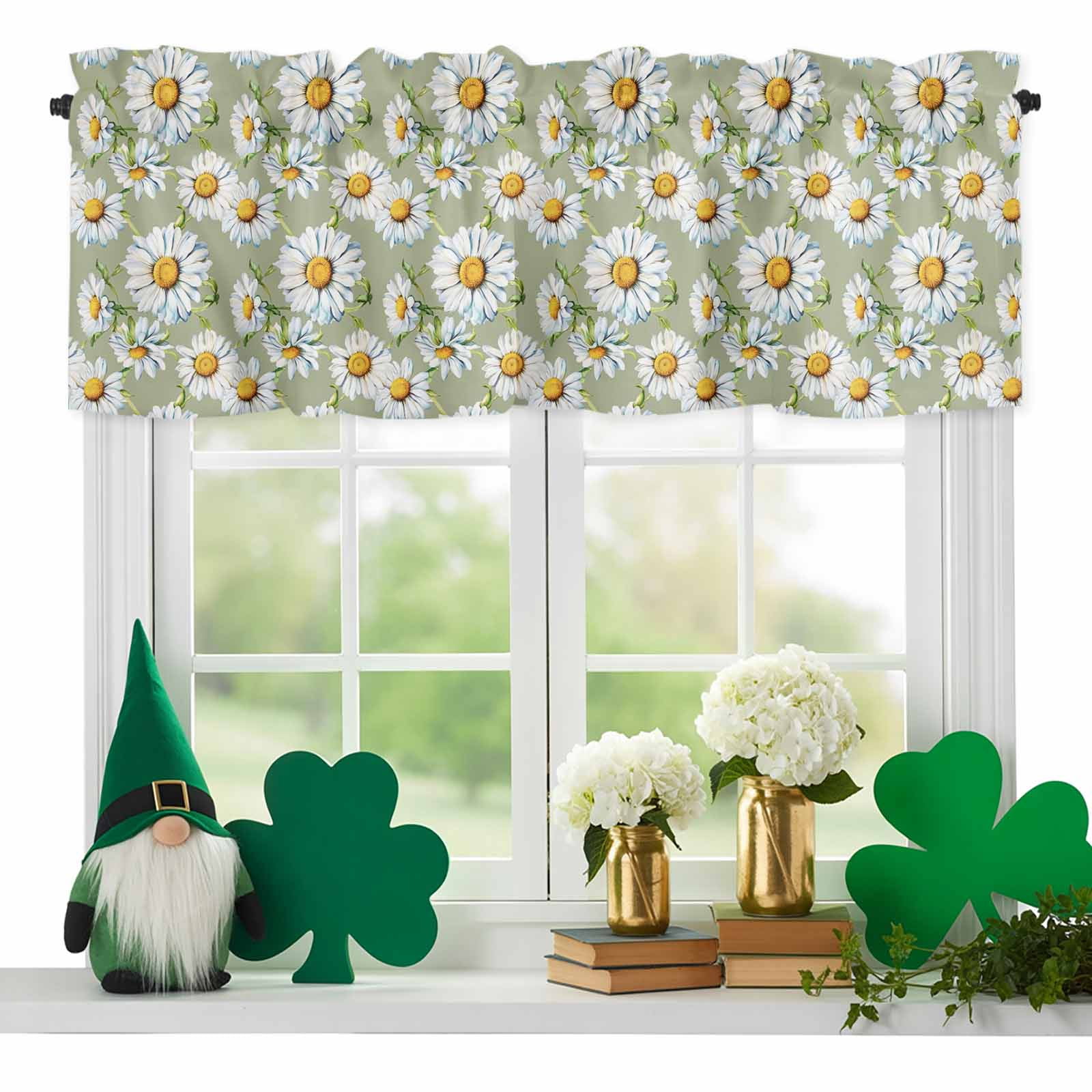 Daisy Flower Valances for Windows, Farmhouse White Floral Green Texture ...