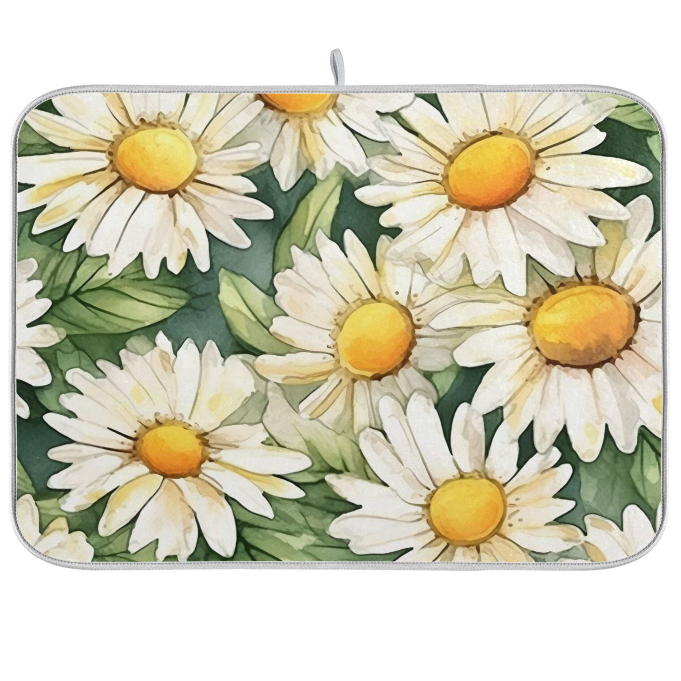 Daisy Flower Watercolor Dish Drying Mat Microfiber Kitchen Pad Large ...