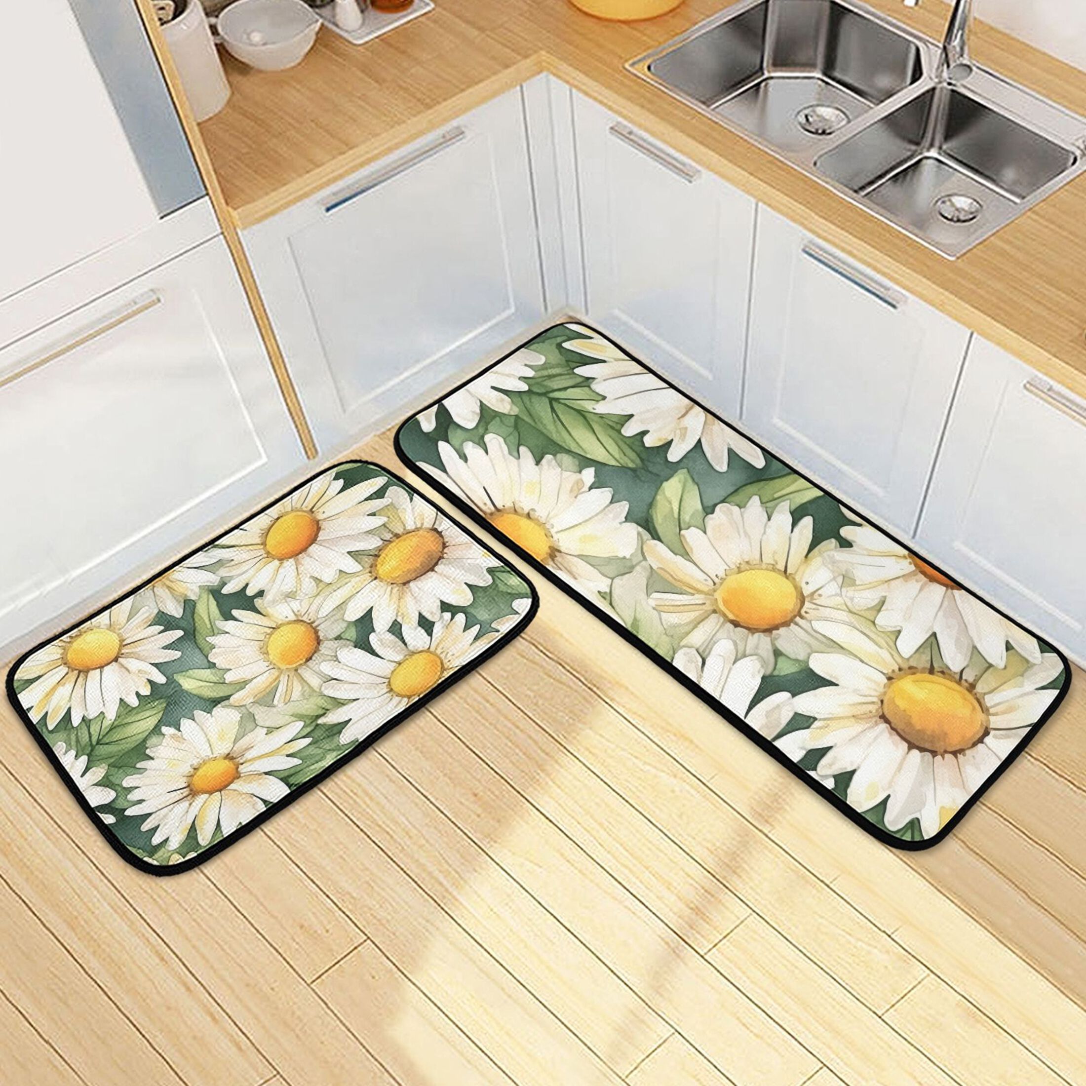 Daisy Flower Watercolor Kitchen Rugs Set of 2 Non Slip Floor Foam Mat ...