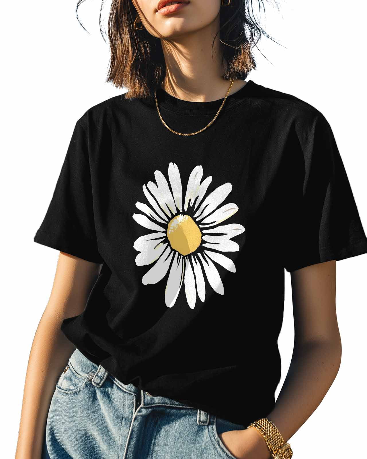 Daisy Flower Womens Tshirt Graphic Tees Cotton Crew Neck T-Shirts ...