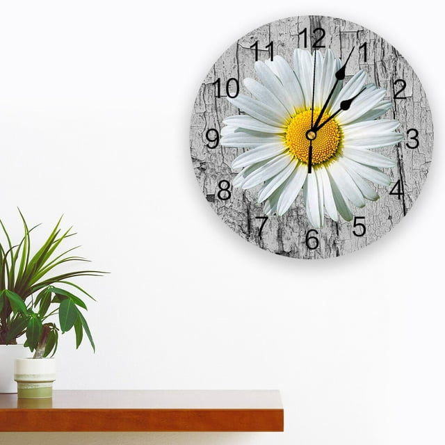 Daisy Flower Wood Grain Wall Clock Modern Design Silent Bedroom Living ...