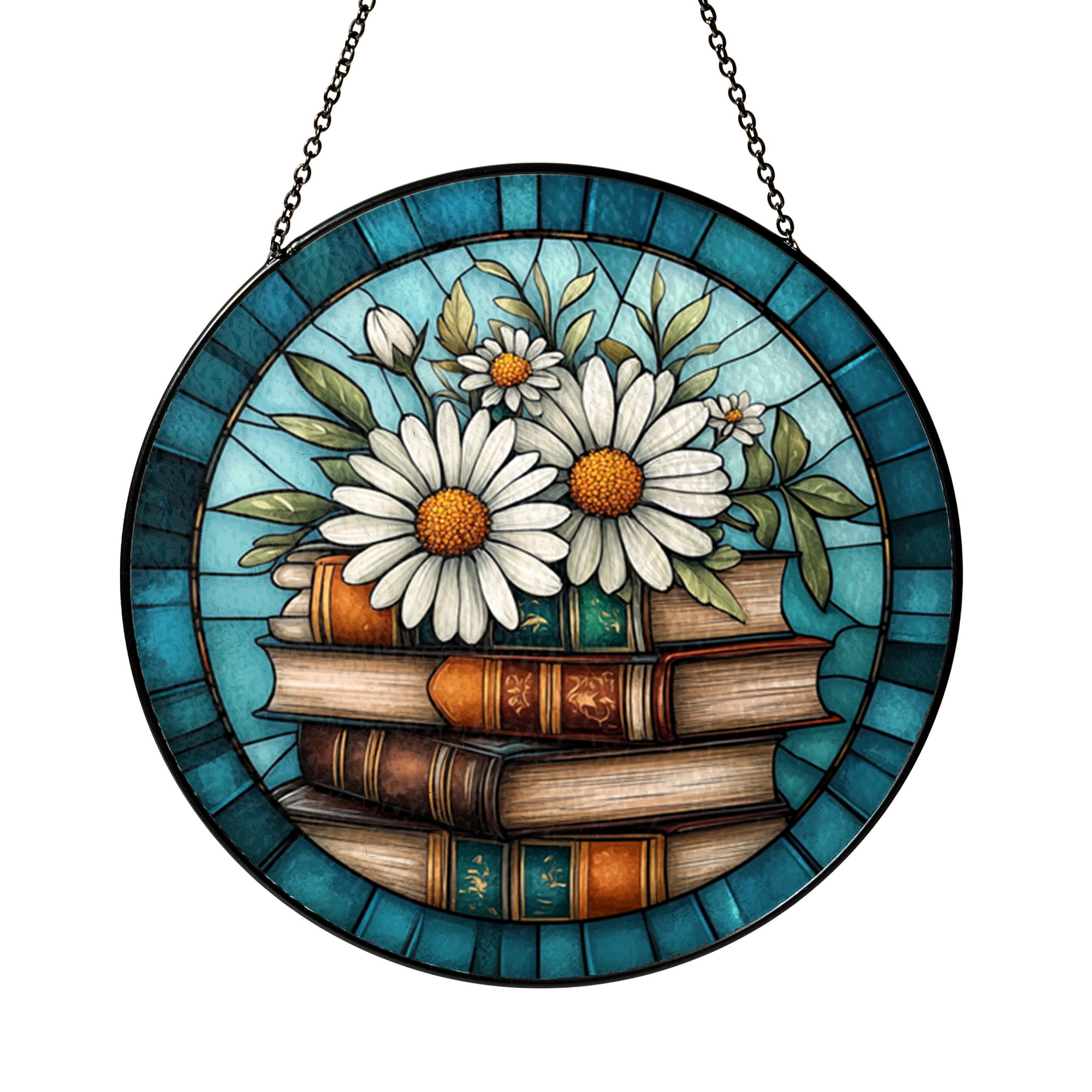 Daisy Flower and Book Window Hanging – Stained Glass Style Home Art ...