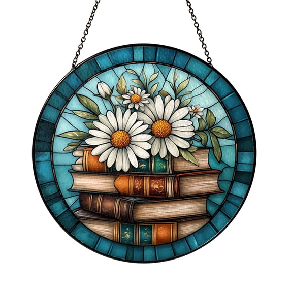Daisy Flower and Book Window Hanging – Stained Glass Style Home Art ...
