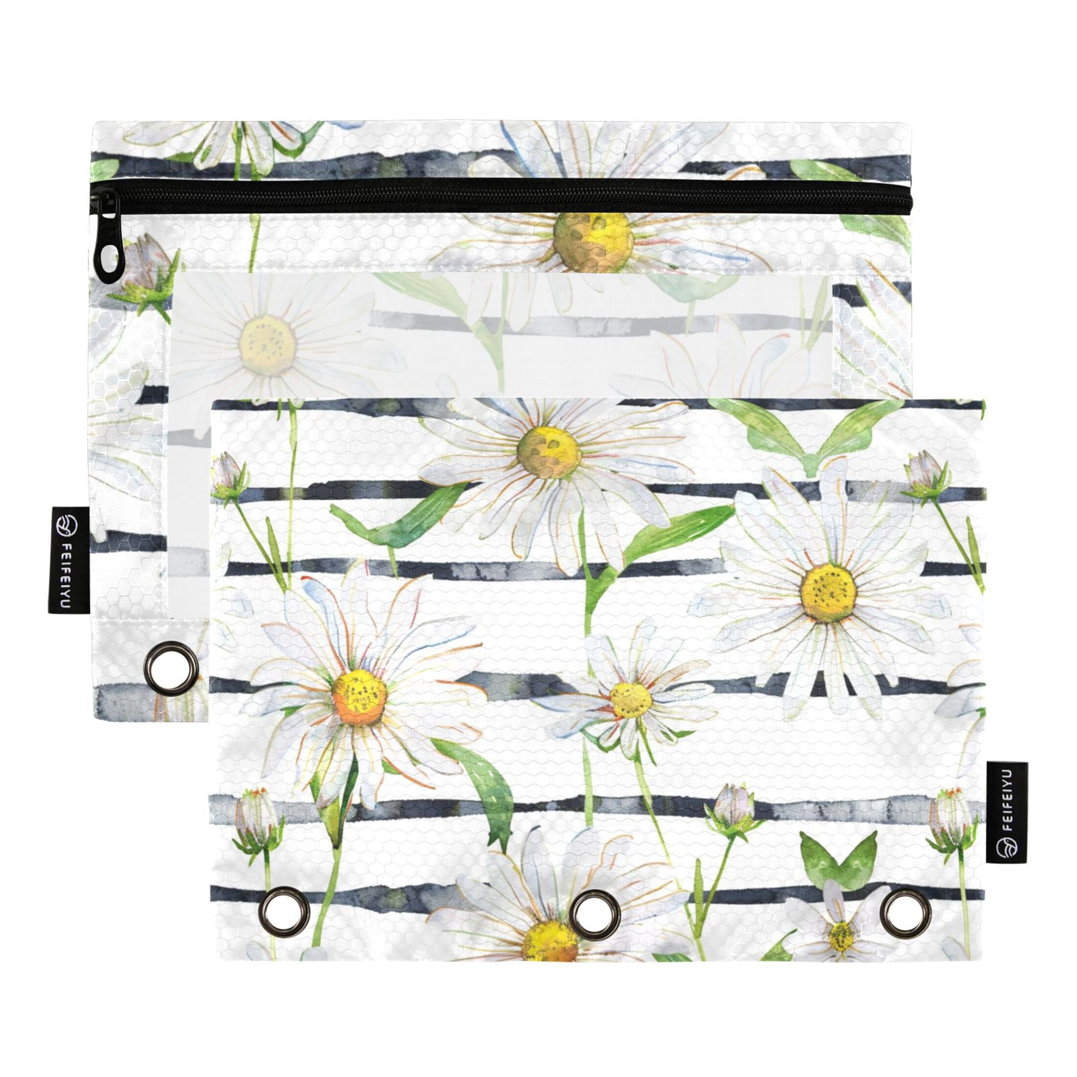 Daisy Flower on Black White Stripes 2 Pack Pencil Pouch for 3 Ring ...