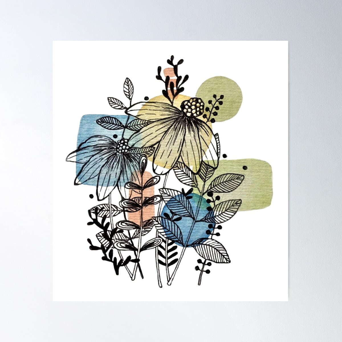 Daisy Flowers And Leaves Ink Art Poster Wall Art, Modern Wall Decor For ...