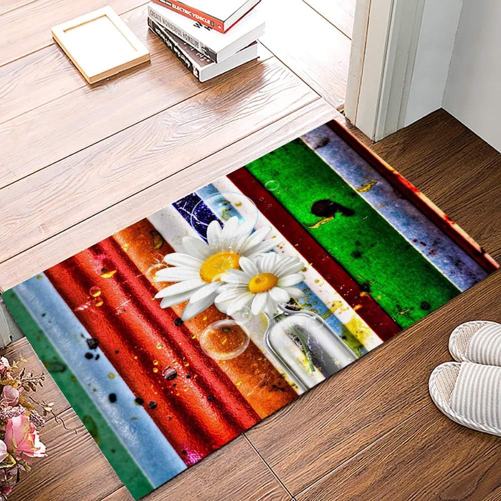 Daisy Flowers in the Bottle Colorful Stripe Background Doormat Non Slip ...