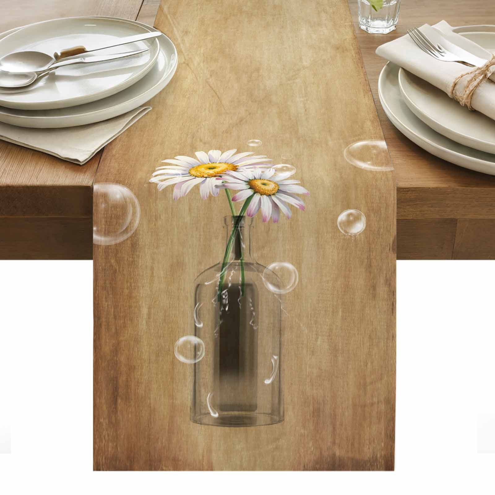Daisy Flowers Cotton Linen Table Runner Bottles Vintage Bubbles Vintage ...