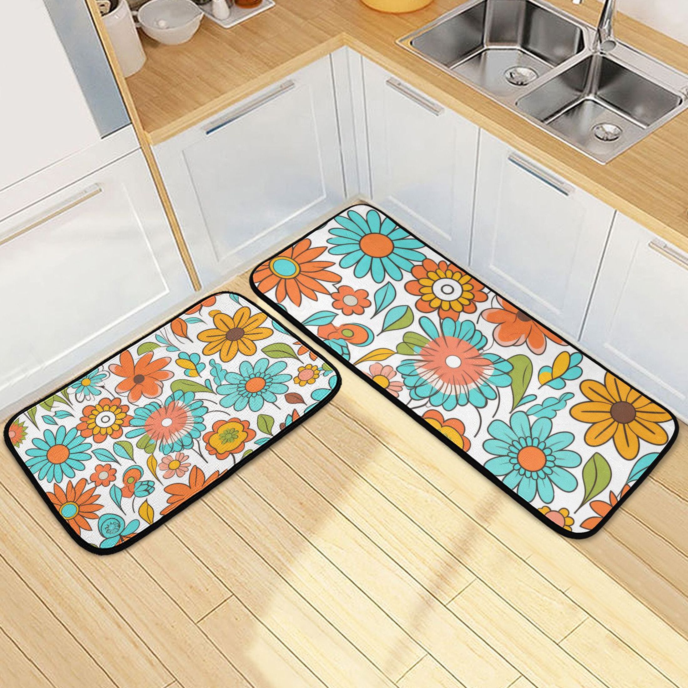 Daisy Flowers Floral Kitchen Rugs Set of 2 Non Slip Floor Foam Mat ...