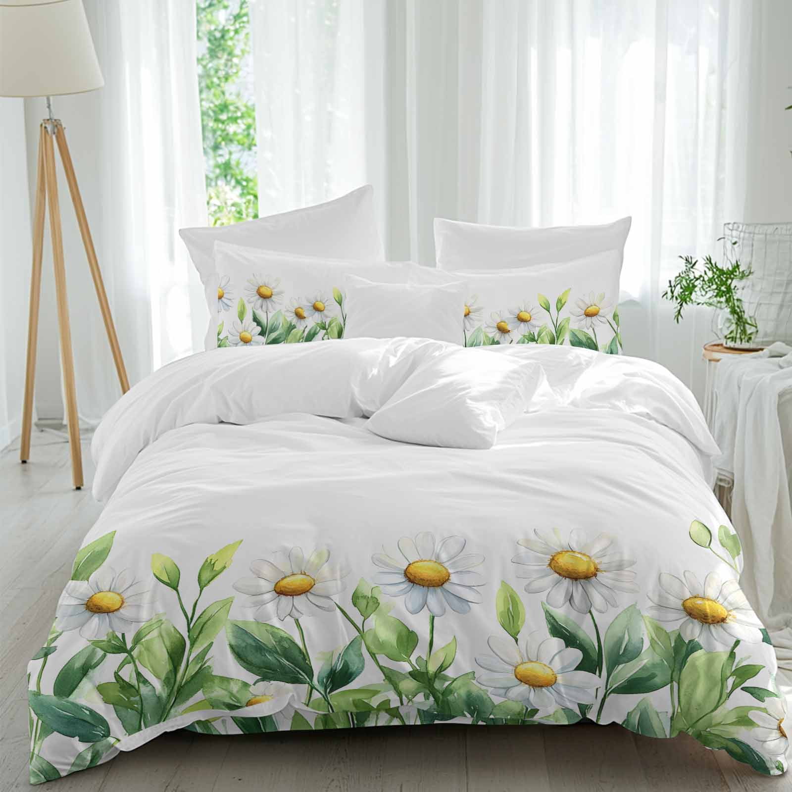 Daisy Flowers Full Duvet Cover Set, Spring Floral Leaf 4 Piece ...
