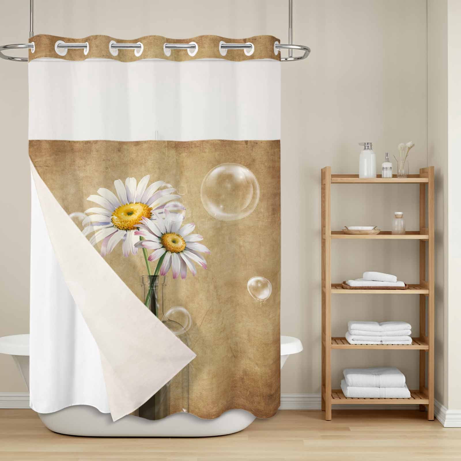 Daisy Flowers No Hook Shower Curtain with Snap in Liner, Bottles ...