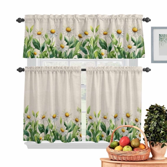 Daisy Flowers Kitchen Curtains Valances 3 Piece Set, Spring Floral Leaf ...