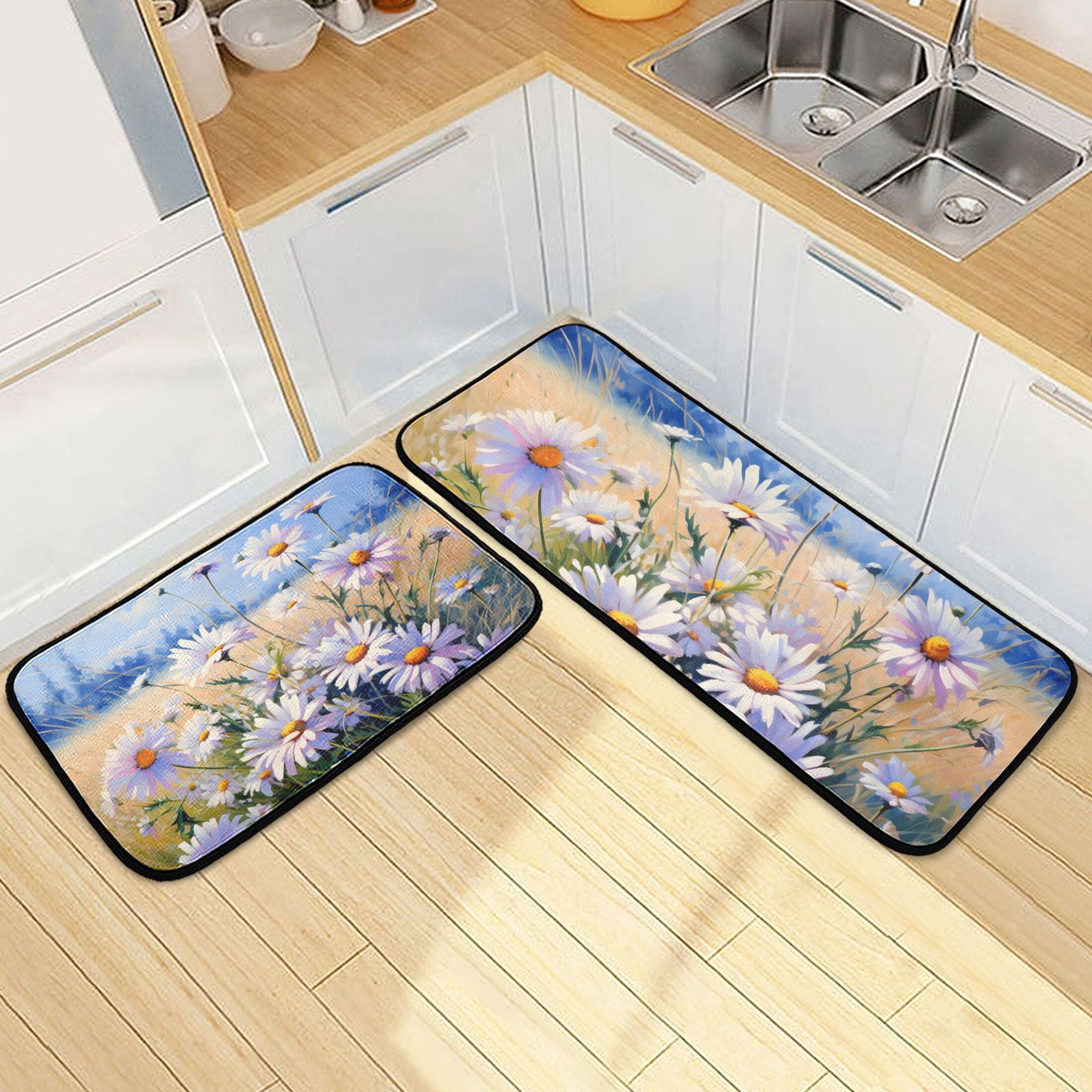 Daisy Flowers Kitchen Rugs Set of 2 Non Slip Floor Foam Mat Cushioned ...