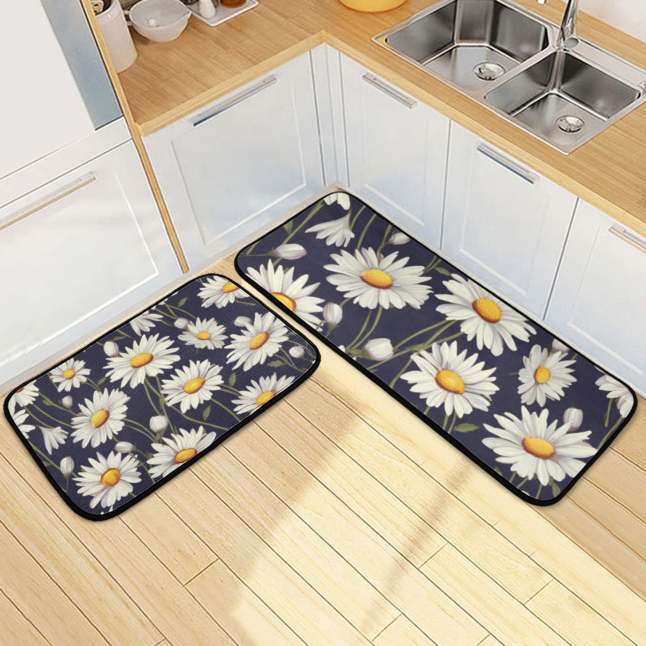 Daisy Flowers Kitchen Rugs Set of 2 Non Slip Floor Foam Mat Cushioned ...