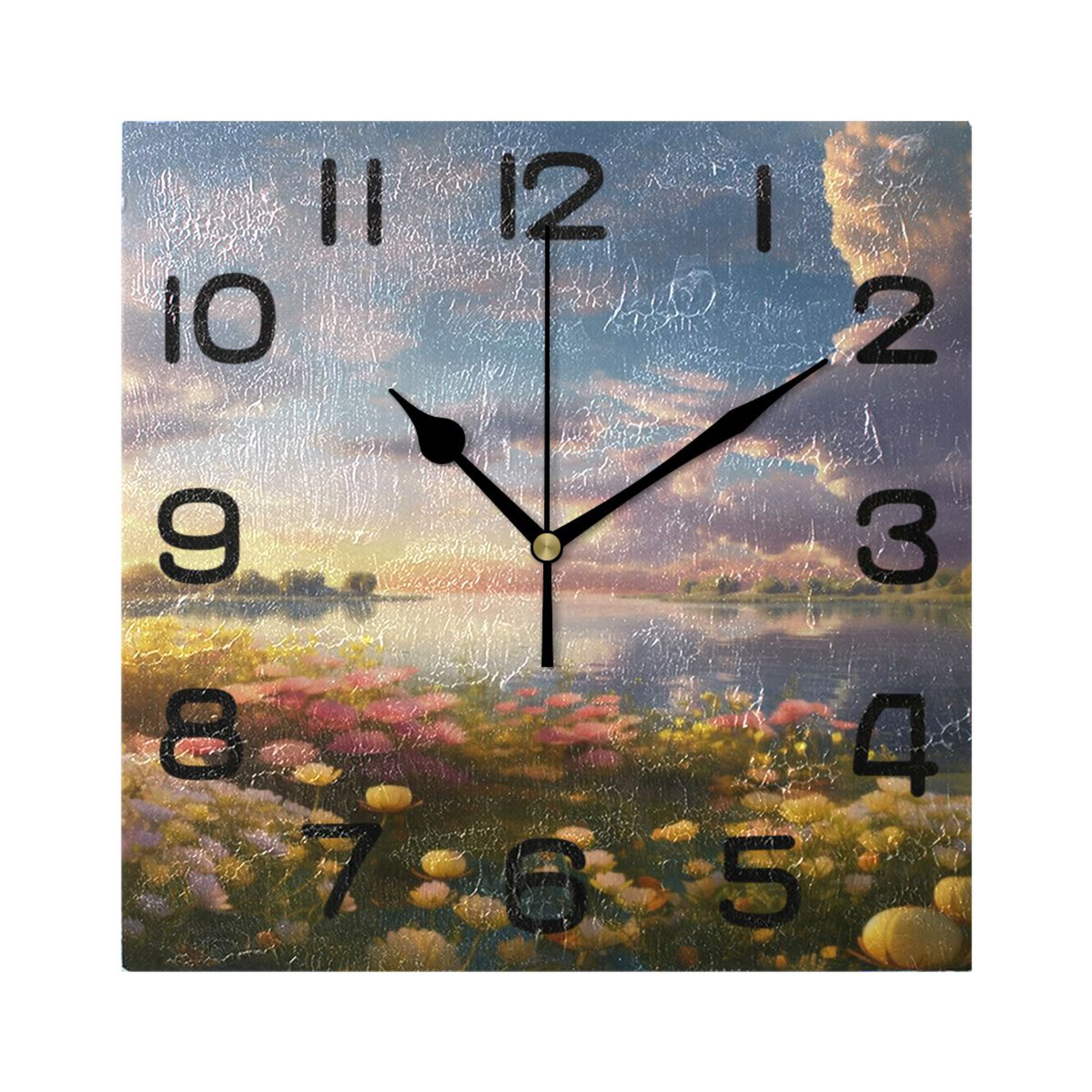 Daisy Flowers Landscape Wall Clock Square Silent Non-Ticking Battery ...