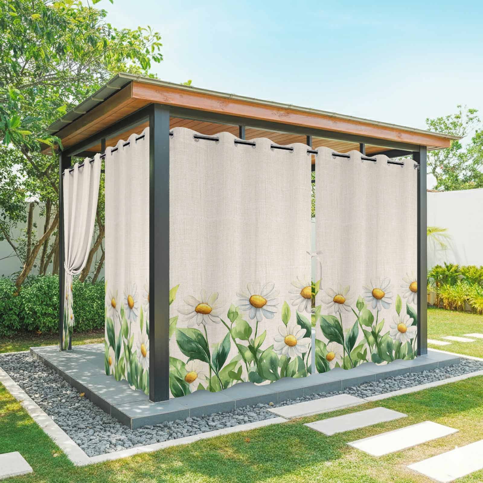 Daisy Flowers Outdoor Curtains for Patio Waterproof, Spring Floral Leaf ...