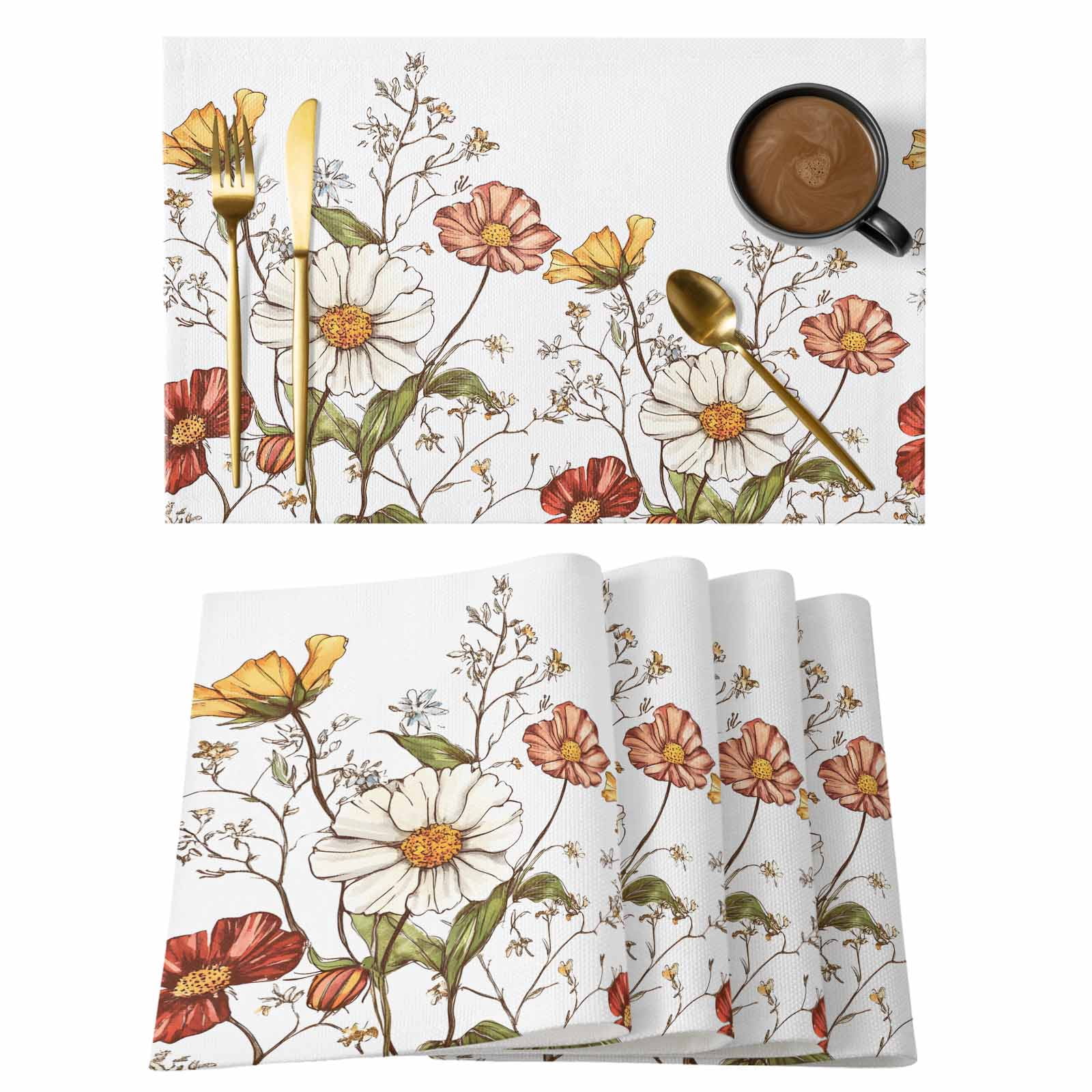 Daisy Flowers Placemats Set of 12, Plants Non-Slip Place Mats Washable ...