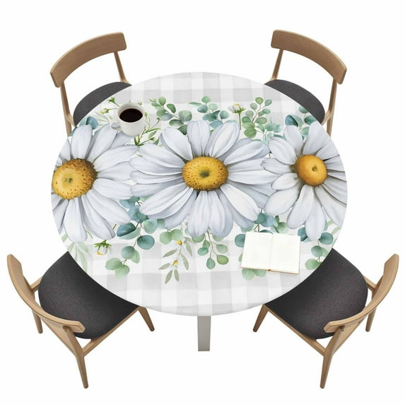 Daisy Flowers Round Fitted Tablecloth with Elastic Edge White Floral ...