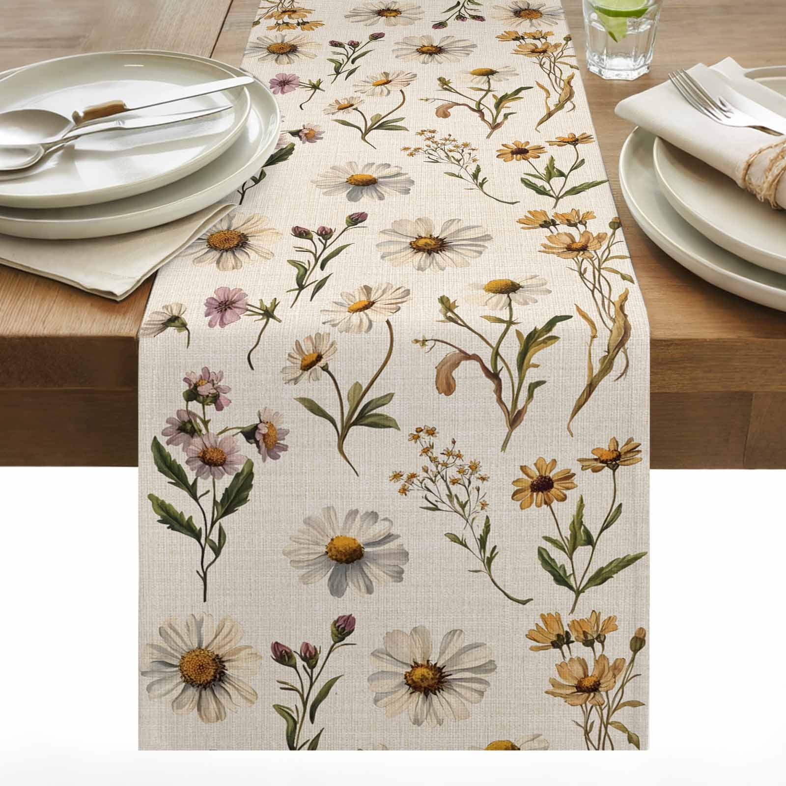 Daisy Flowers Table Runner 13x120 inch Spring Wildflowers Cotton Linen ...