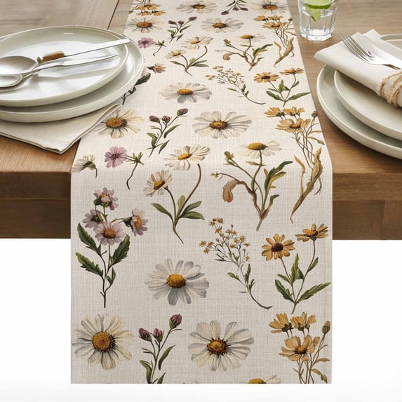 Daisy Flowers Table Runner 13x36 inch Spring Wildflowers Cotton Linen ...