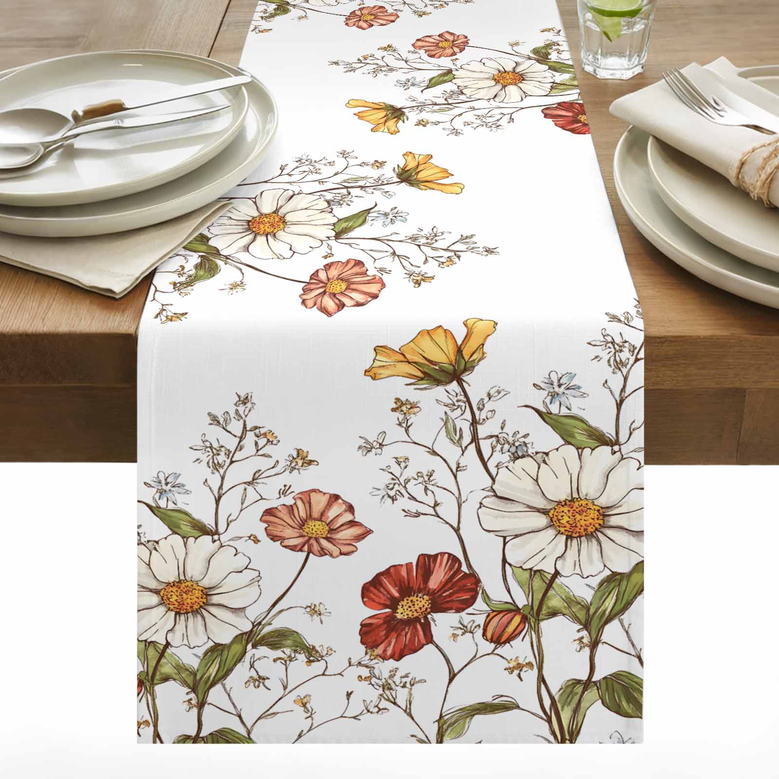 Daisy Flowers Table Runner 13x90 inch Plants Cotton Linen Dining Table ...