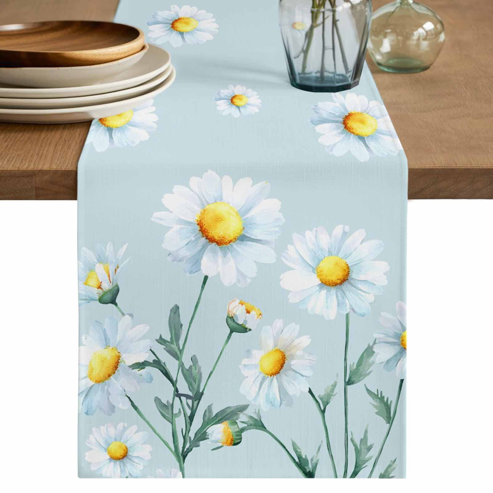 Daisy Flowers Table Runner 70 Inches, Spring Floral Leaves Plants Light ...