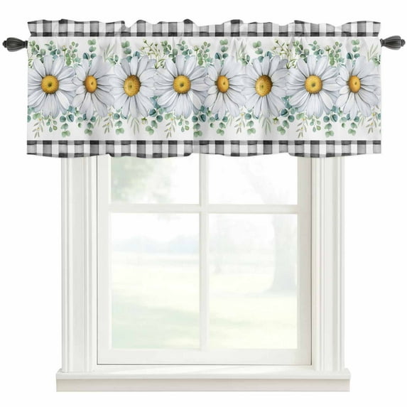 Daisy Flowers Valances for Windows White Floral Eucalyptus Leaves Black ...