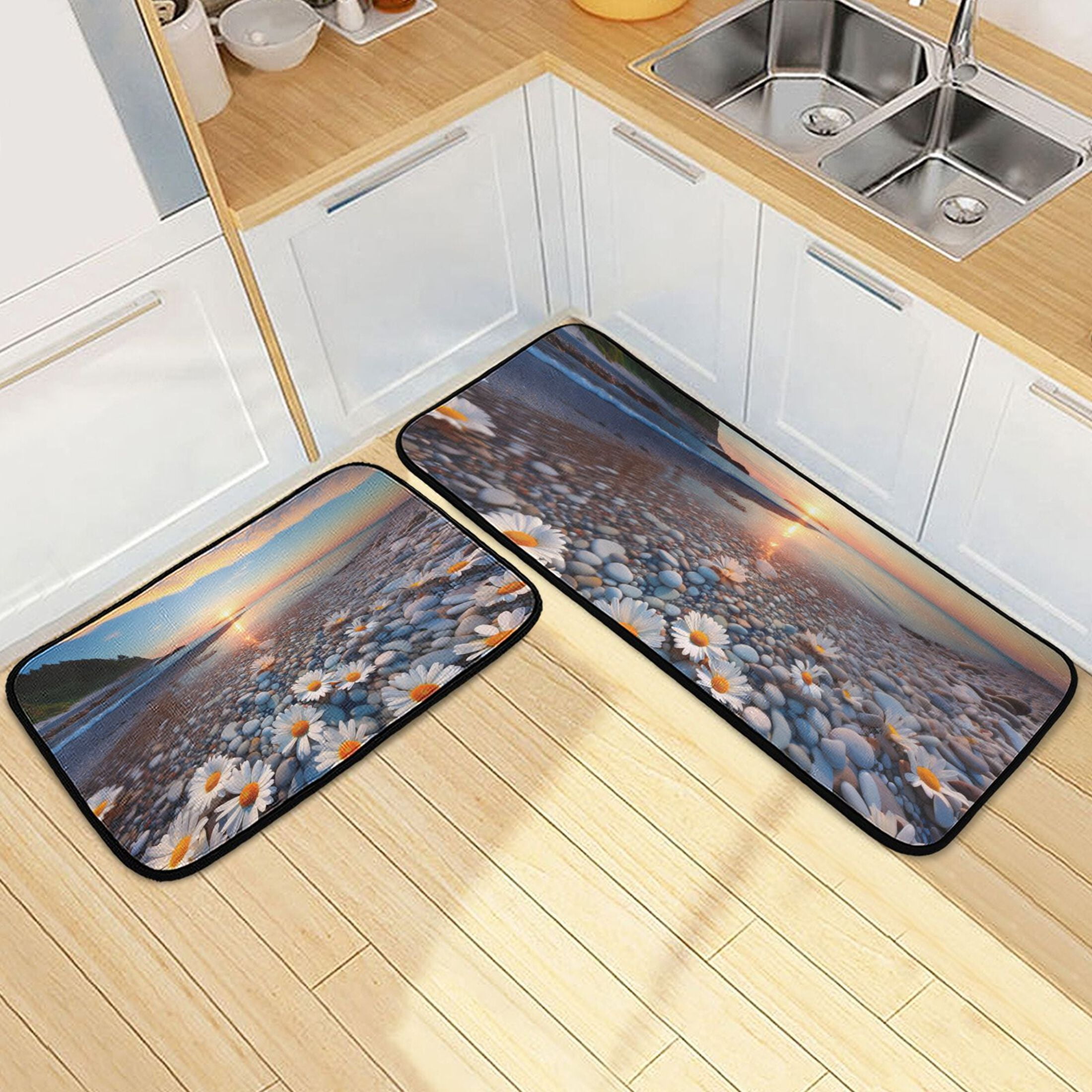 Daisy Flowers on Beach Kitchen Rugs Set of 2 Non Slip Floor Foam Mat ...