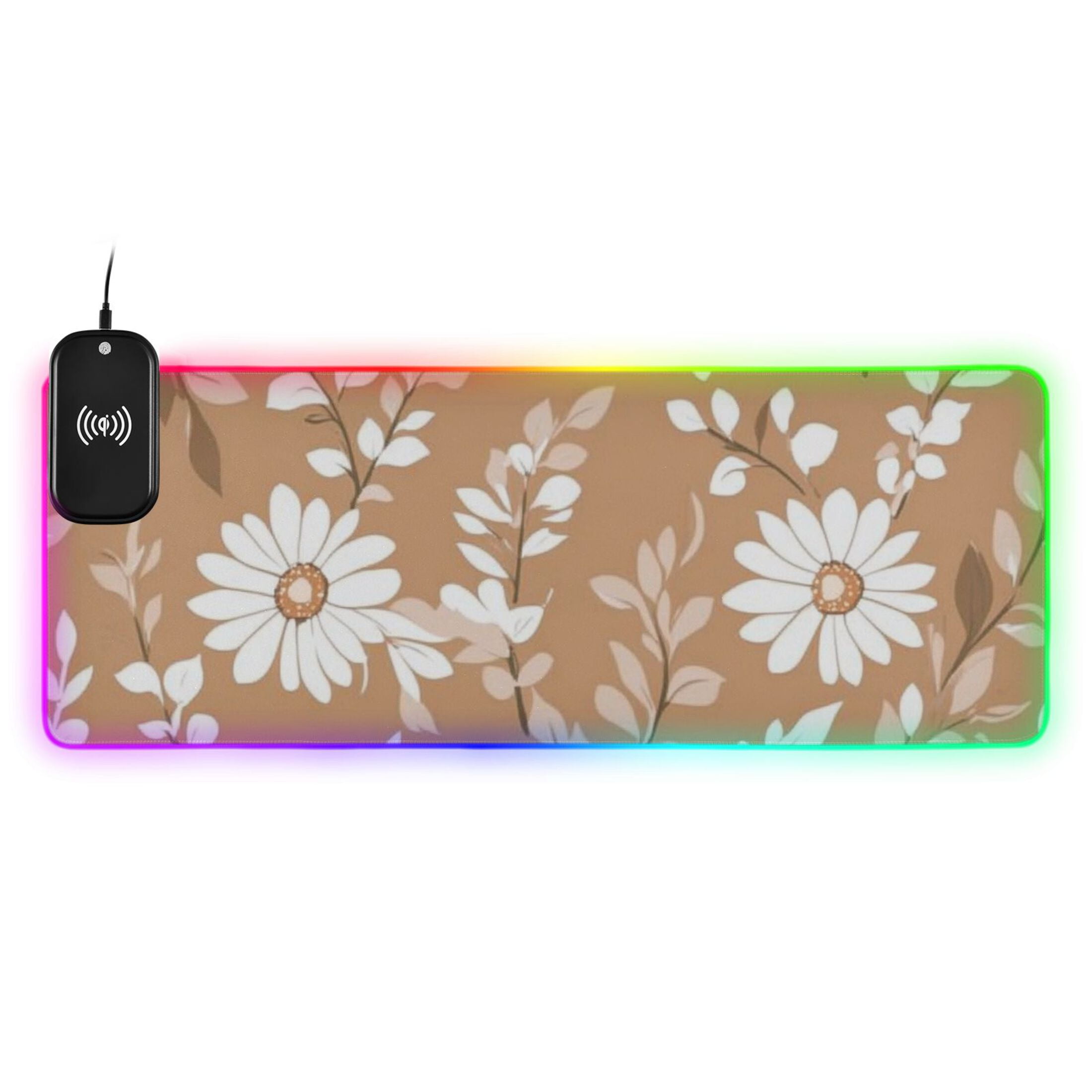 Daisy Flowers on Brown Wireless Charging RGB Gaming Mouse Pad Large ...