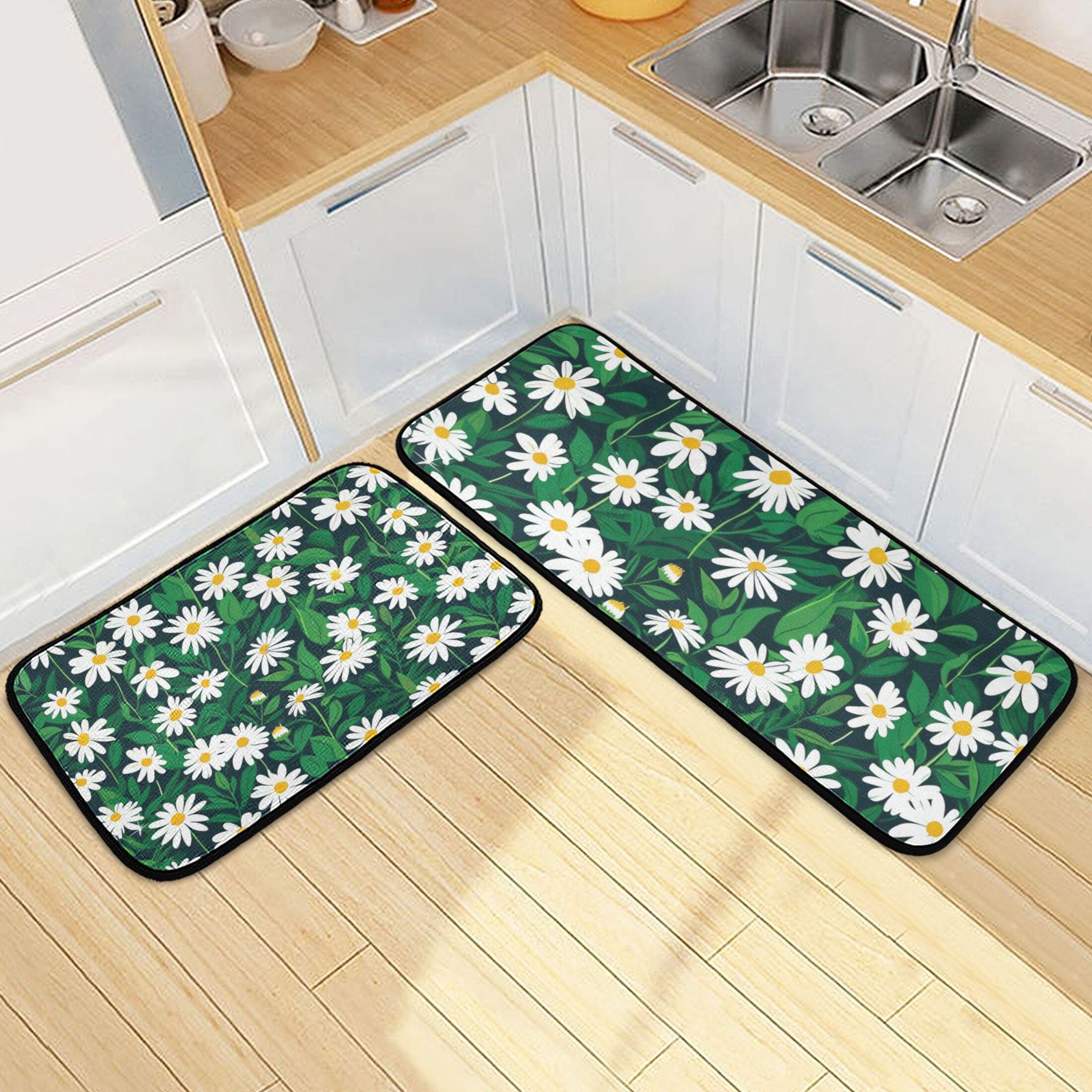 Daisy Flowers with Leaves Kitchen Rugs Set of 2 Non Slip Floor Foam Mat ...