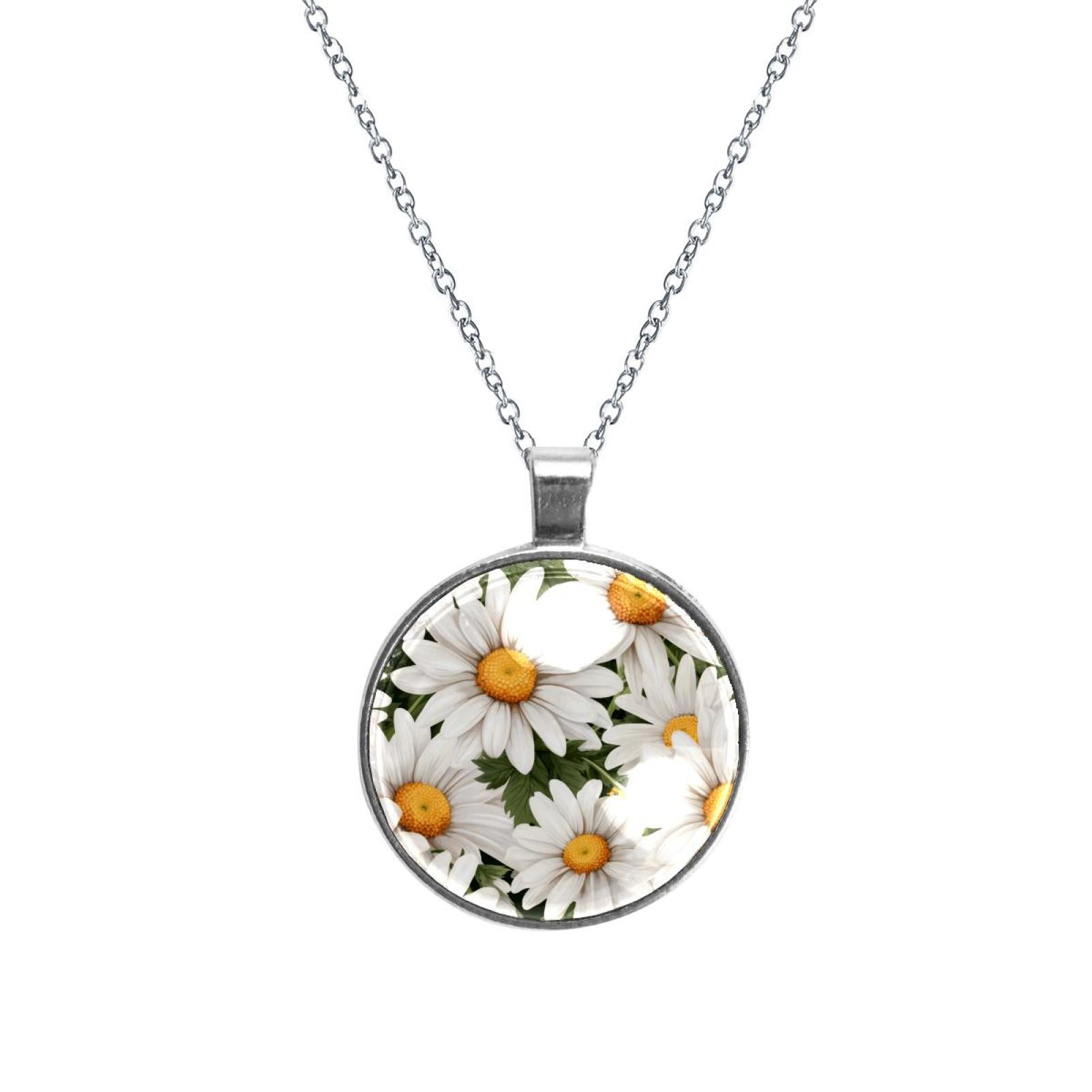 Daisy Glass Design Circular Pendant Women's Necklace - Elegant Jewelry ...