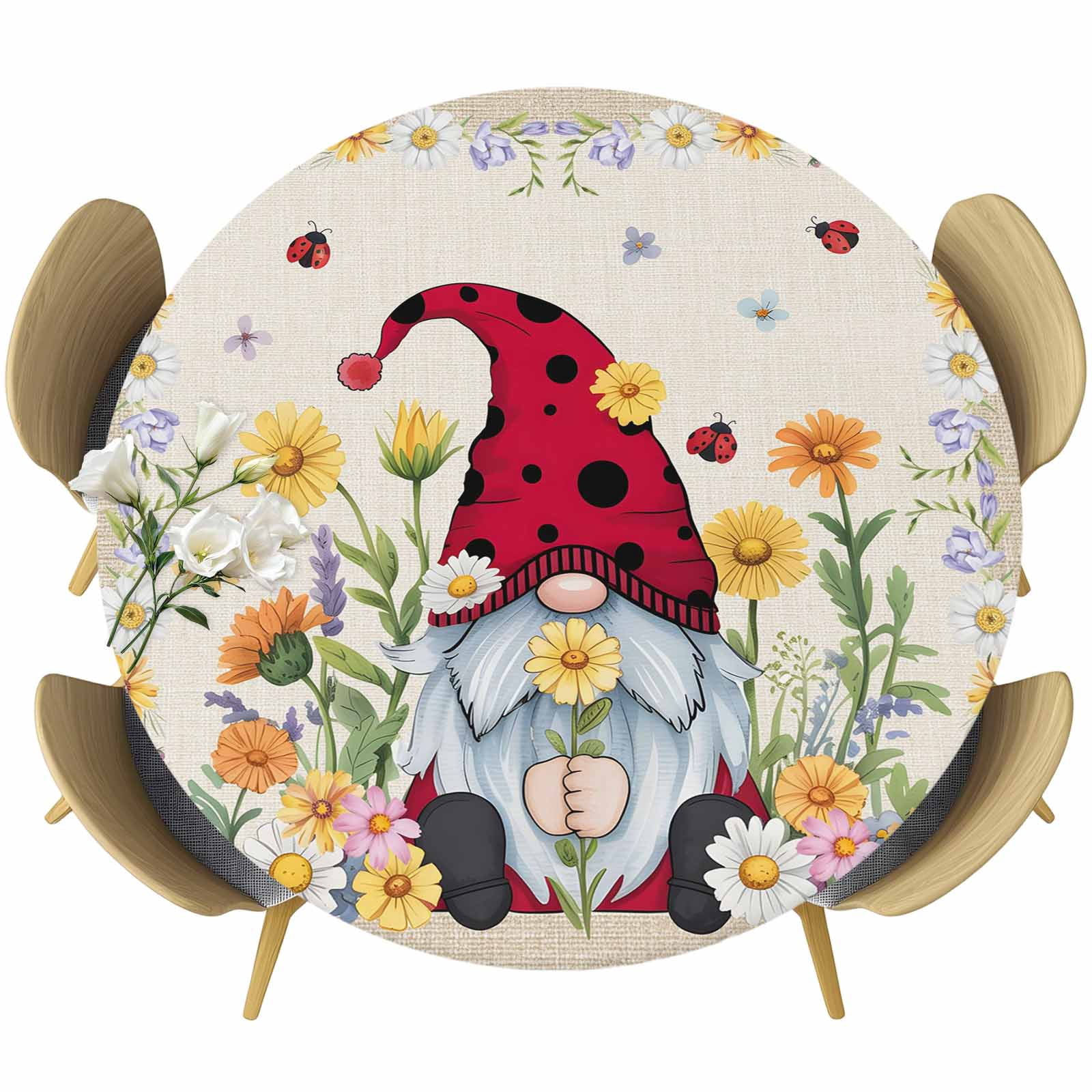 Daisy Gnomes Round Tablecloth, Fitted Table Cover with Elastic for 36 ...