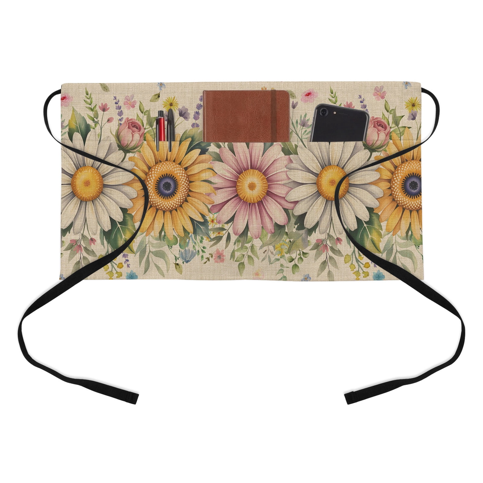 Daisy Half Waist Apron Watercolor Spring Pink White Yellow Floral Linen ...